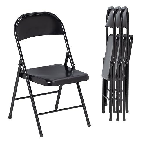 Nazhura 4 Pack Black Metal Folding Chair with Steel Seat and Double Braced Frame, Foldable Chairs for Parties, Meetings and Outdoor Events, No Assembly Required (Black, 4 Pack)