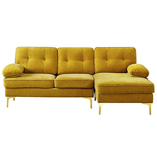 LANELIFE 79" W 3-Seat Sofa, L Shaped Sectional Sofa Bed,with Extra Wide Chaise Lounge and Gold Legs, Chenille Couch for Living Room, Apartment and Small Space (Golden)