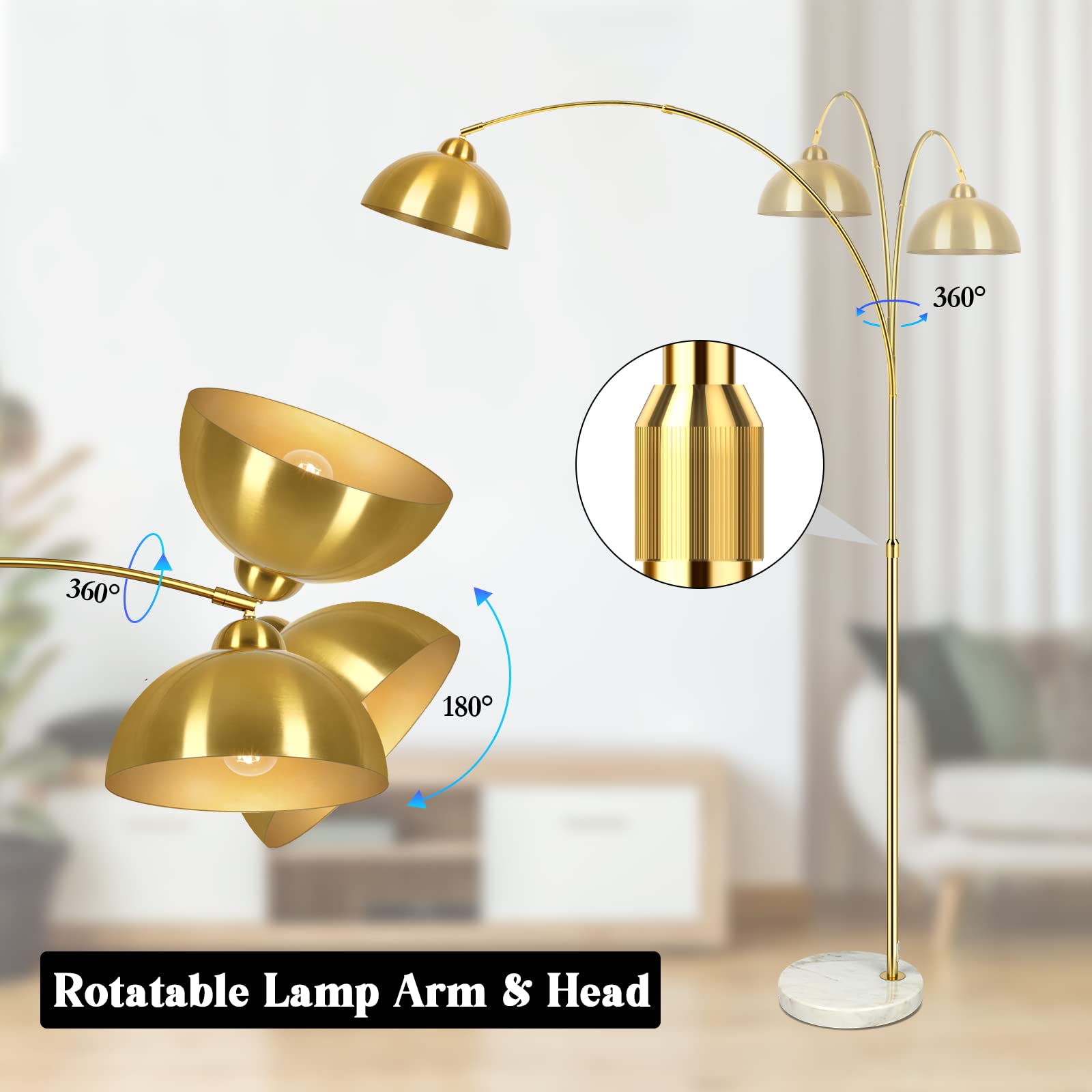 Contemporary Gold 73" Arc Floor Lamp with Hanging Dome Shade, Marble Base Adjustable Farmhouse Over The Couch Tall Stand Up Light, Industrial Task/Reading Standing Corner Lamp for Living Room Bedroom