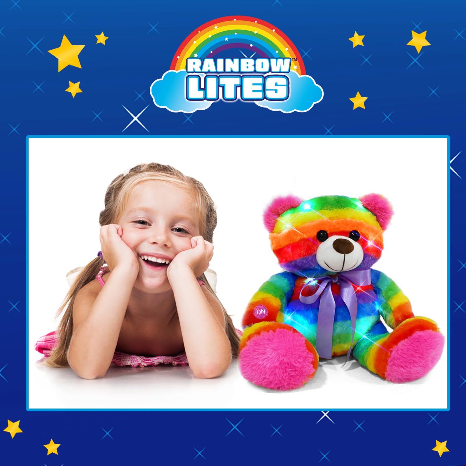 The Noodley Rainbow Lites Light Up Teddy Bear Stuffed Animal Plush LED Night Light Sleep Toy for Girls (16 inch, Batteries Included)