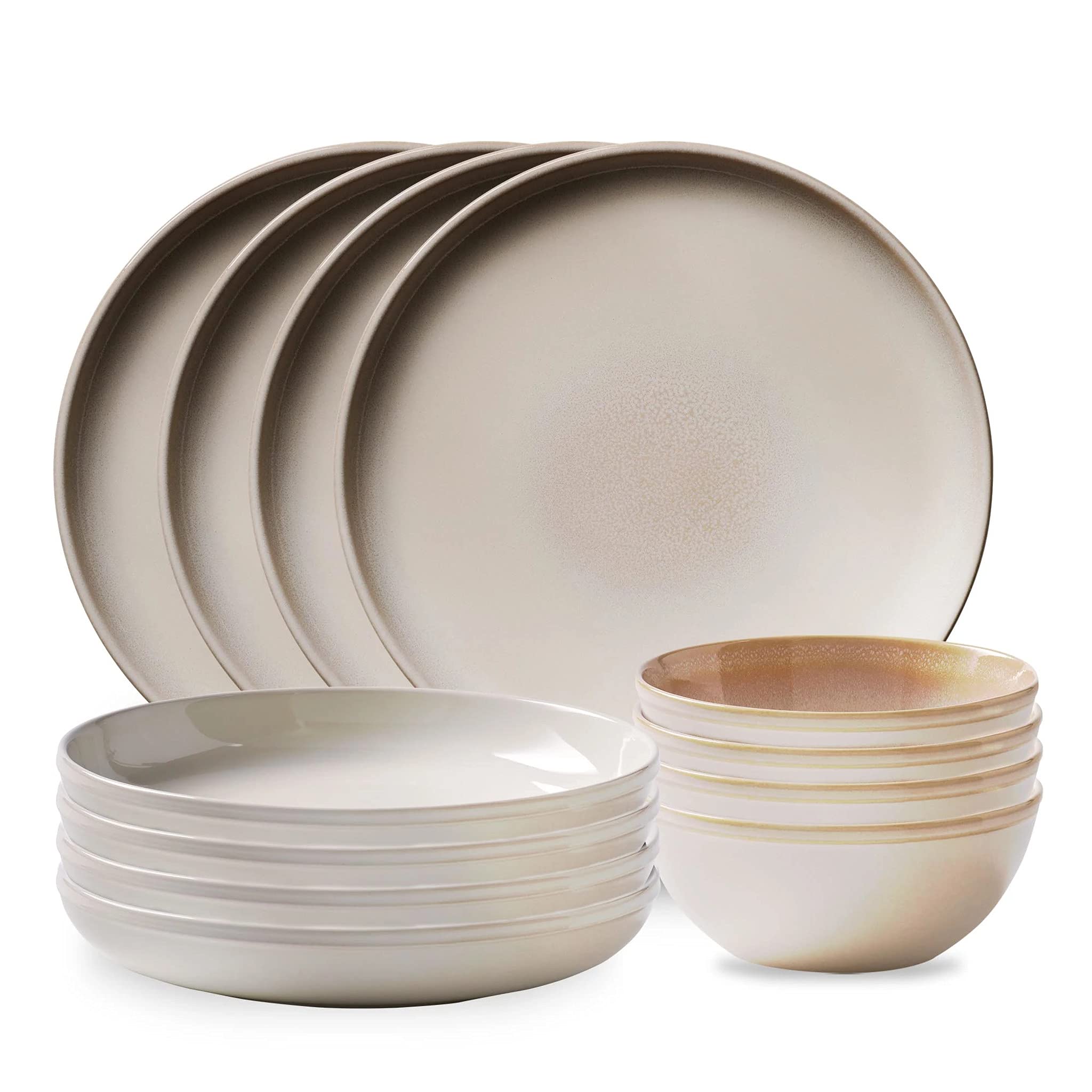 Corelle Stoneware 12-Pc Dinnerware Set, Handcrafted Artisanal Double Bead Plates and Bowls, Solid and Reactive Glazes, Dining Plate Set, Oatmeal