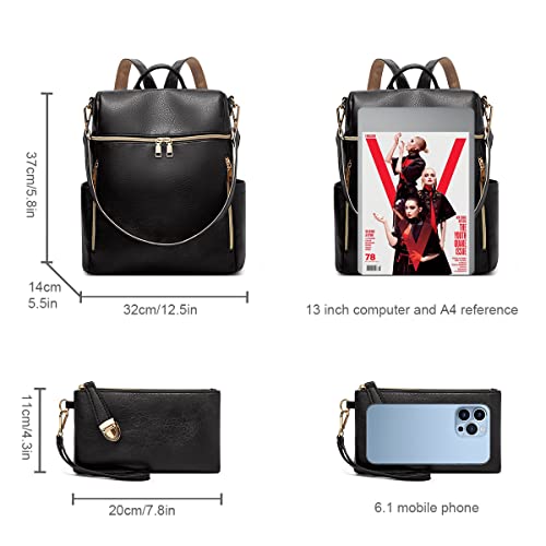 Makes Backpack Purse for Women, PU Leather Travel Satchel Handbag, Convertible Design Bag with Purse, 2 Piece(Black)