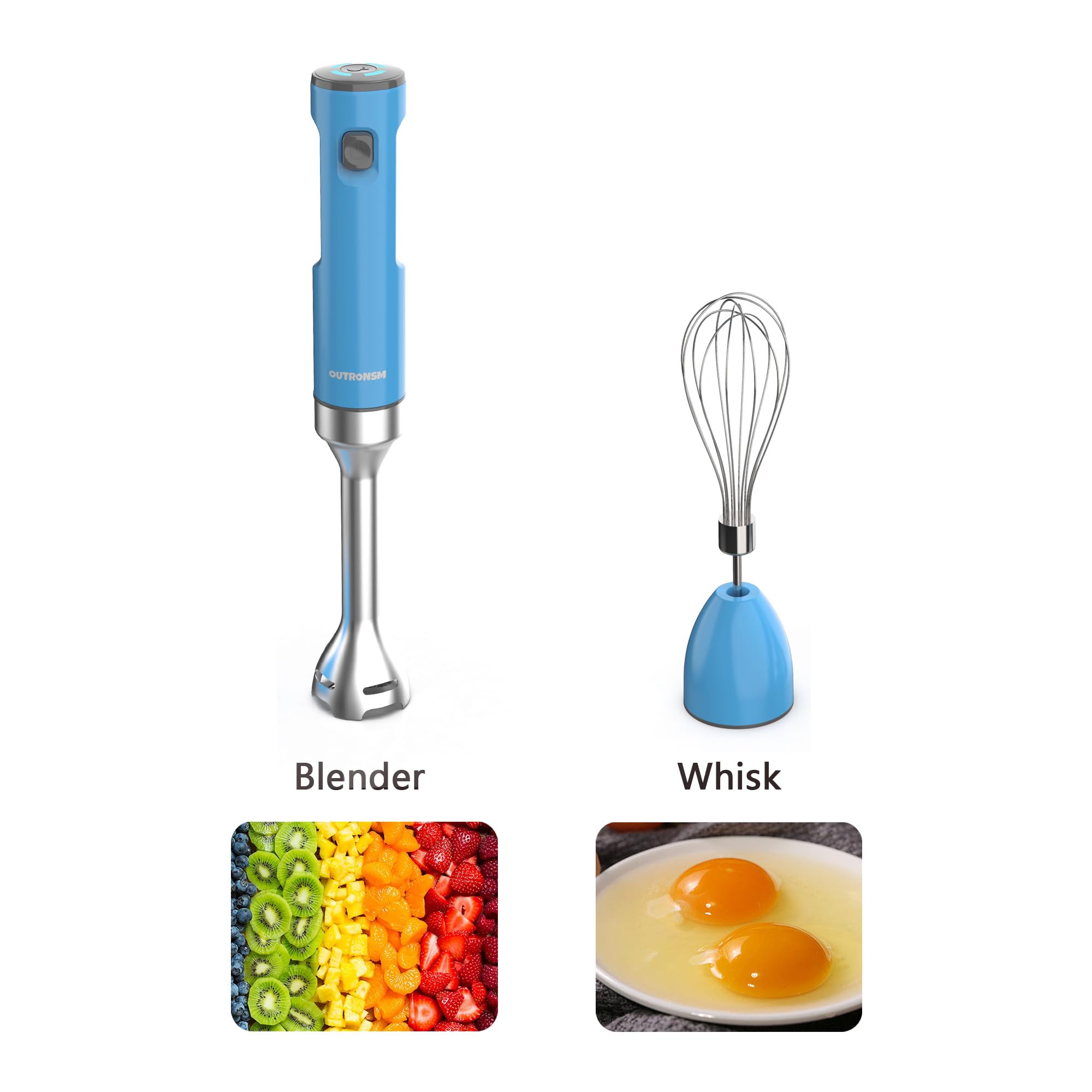 Cordless Hand Blender, OUTRONSM Immersion Blender Handheld Rechargeable, with Charging Cable, Egg Whisk, for Smoothies, Milkshakes, Hummus and Soups β Blue