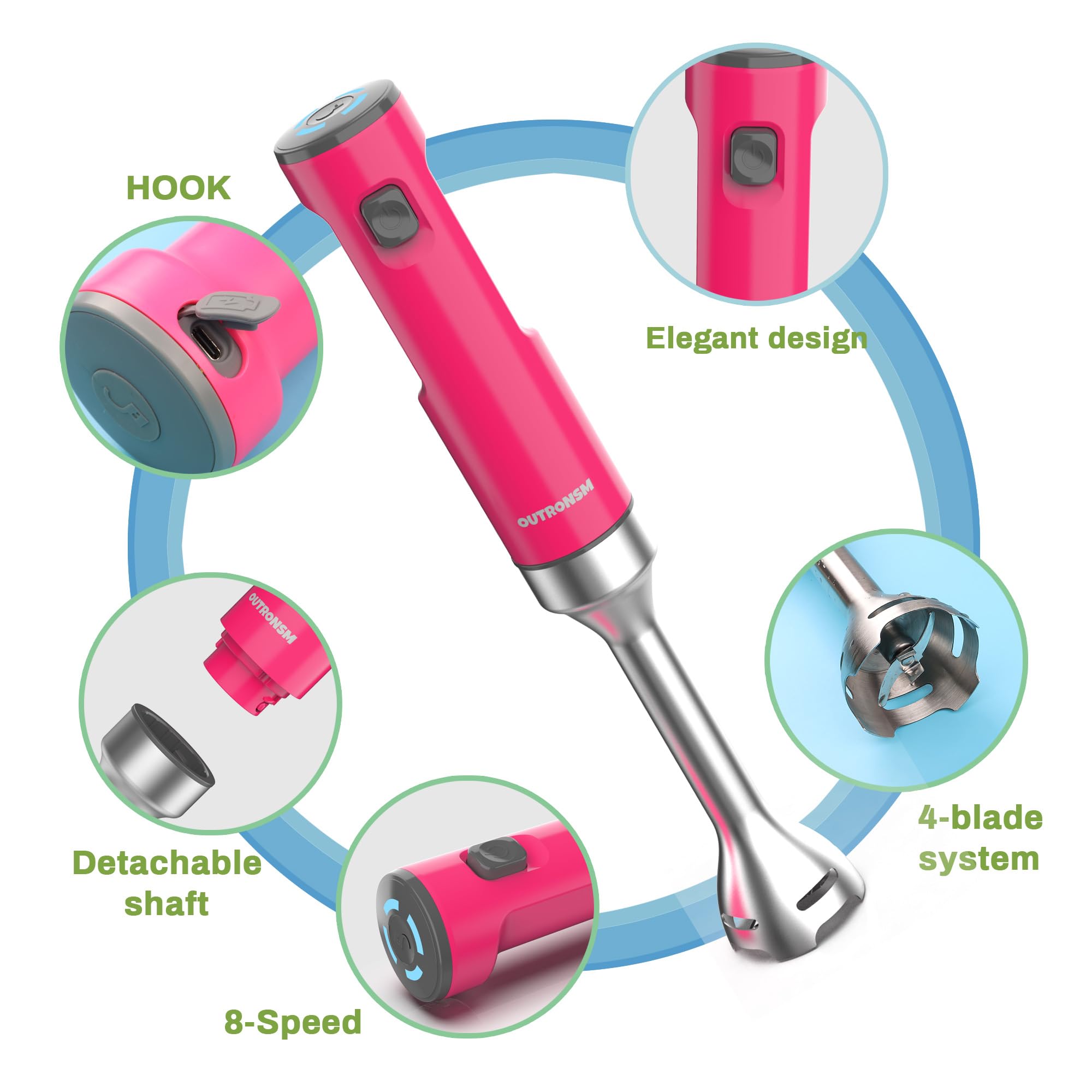 Cordless Hand Blender, OUTRONSM Cordless Immersion Blender Rechargeable, with Charging Cable, Egg Whisk, for Smoothies, Milkshakes, Hummus and Soups β Red