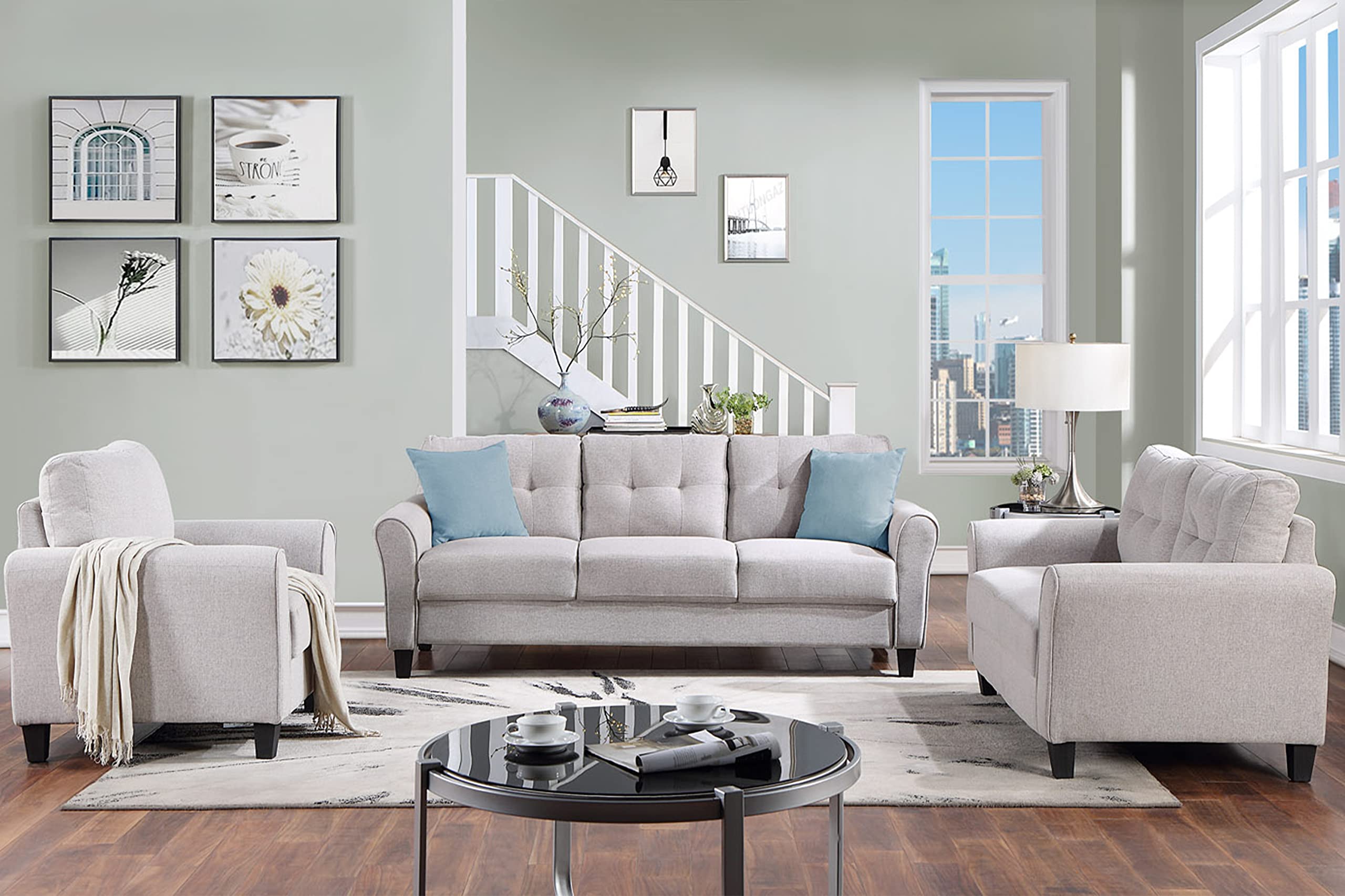 Harper & Bright Designs 3-Pieces Living Room Sofa Set with 3-Seat Couch, 2-Seat Loveseat, Single Sofa Chair, Modern Velvet Upholstered Sofa for Living Room, Office, Brown Flannel
