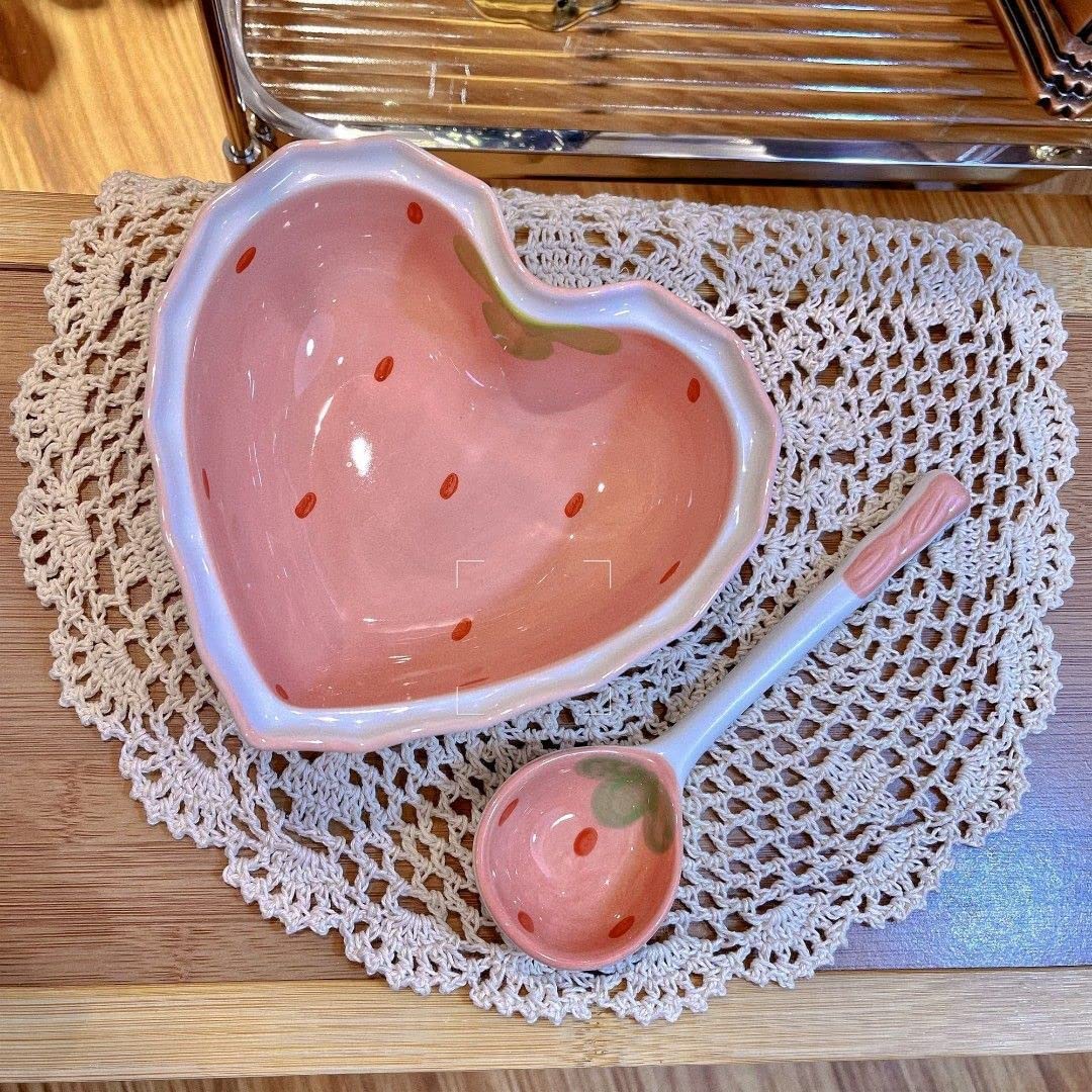 ENPAP Strawberry-shaped heart-shaped ceramic bowl, sturdy salad bowl, for cereals, salads, soups, salads and ceramic lettuce, for oatmeal, ceramic (pink)