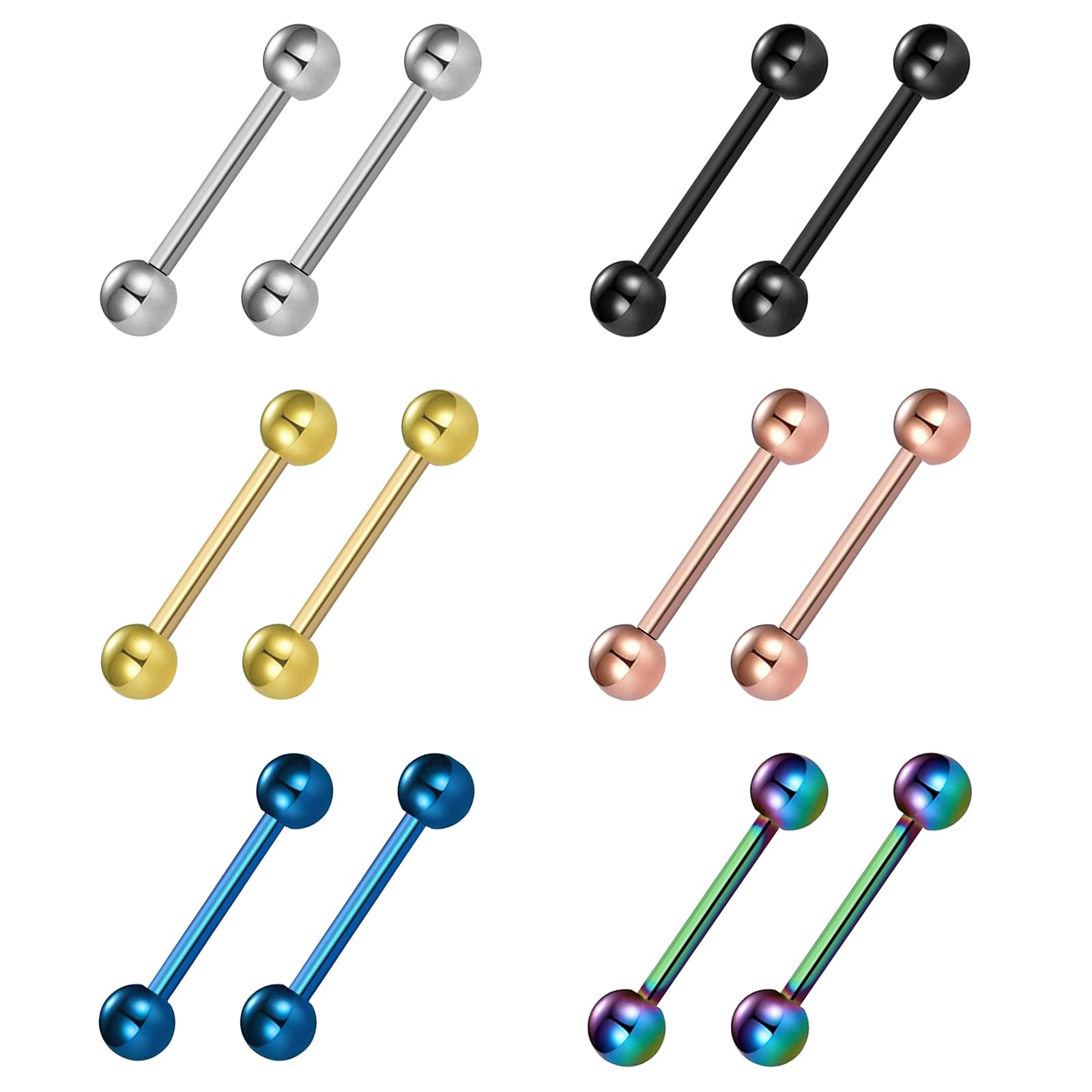 CrazyPiercing 12Pcs Different Color Tongue Rings Surgical Stainless Steel Tongue Piercing 14G 16mm Length Straight Barbell Piercing Jewelry
