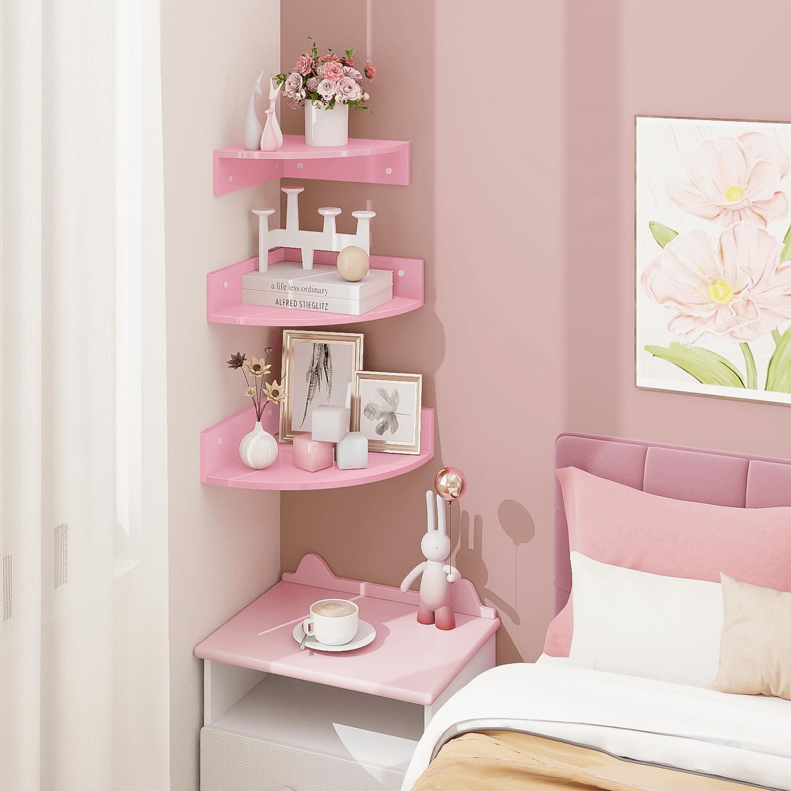 Homode Corner Shelf Wall Mount, Set of 3 Corner Floating Shelves with Cable Hole, 3 Tier Wood Corner Hanging Shelves, Living Room Bedroom Bathroom, Pink