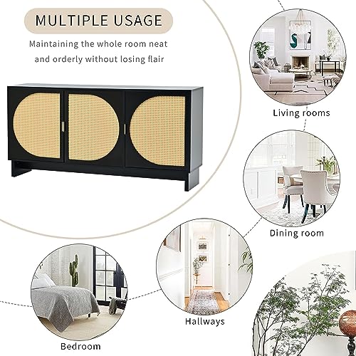 Rattan Sideboard Buffet Storage Cabinet, Mid Century Modern Entryway Table Console Cabinet Wood Accent Cabinet with Adjustable Shelves with Metal Handles for Living Room Dining Room Hallway, Black