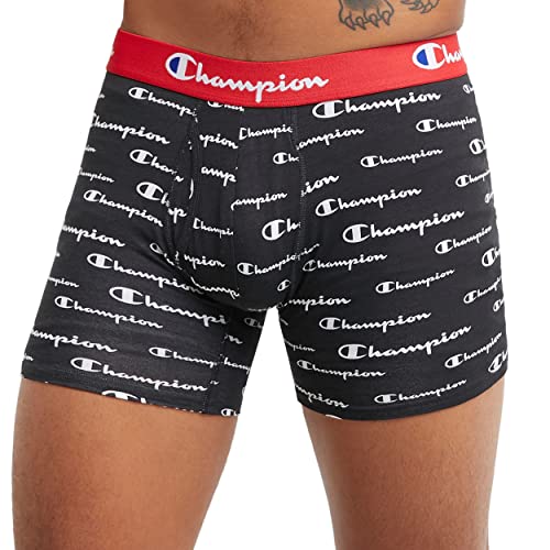 Champion Men's Everyday Stretch Cotton Boxer Briefs, Moisture-Wicking, Multi-Pack - 3 Black/Grey/Logo Briefs, Large