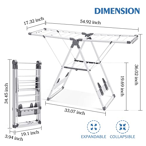TOOLF Clothes Drying Rack, Aluminum Foldable 2-Level Drying Racks for Laundry, Large Foldable Laundry Stand with Height-Adjustable Gullwings, Sock Clips Hooks for Bed Linen, Clothing, Socks, Scarves