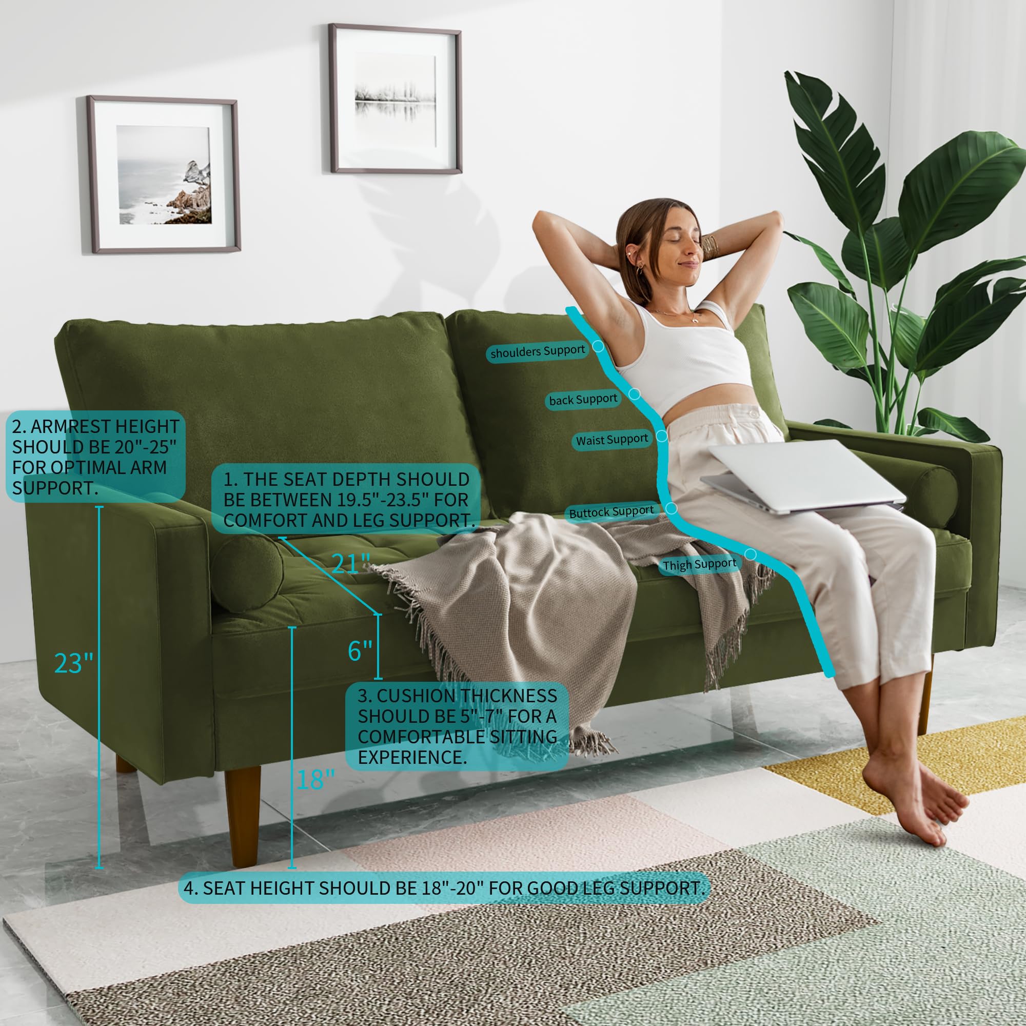 Meeyar 70" Velvet Loveseat Sofa, Couch for Small Apartment, Mid-Century Modern Loveseat Sofas Couches for Living Room Bedroom, Solid Wood Legs, Square Arms(Olive Green, 70")