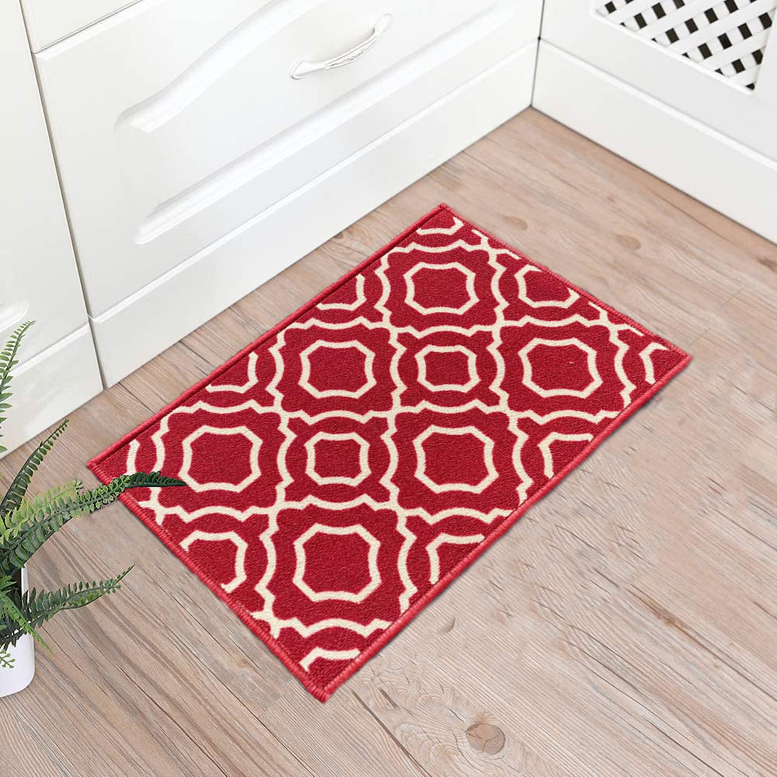 Easychan 2 Piece Carpet Rubber Backing Kitchen Mat Doormat Area Rugs (15"x47"+15"x23", Red)