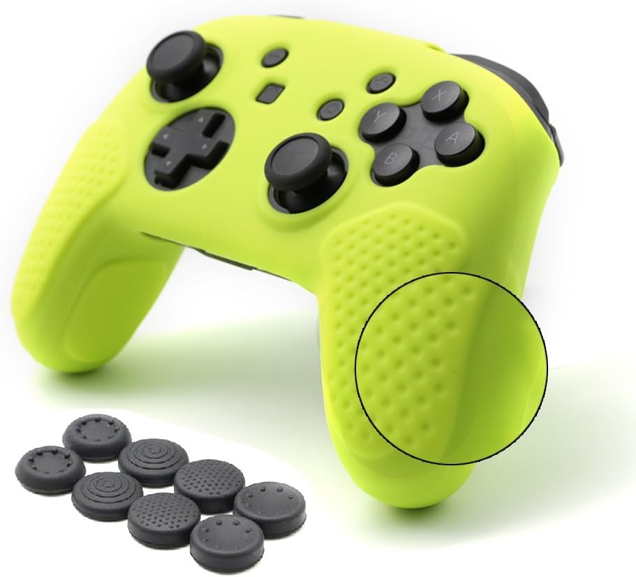 CHINFAI Silicone Case Grip for Nintendo Switch Pro Controller with 4 Pair/8 Pcs Thumbstick Caps, (Yellow)