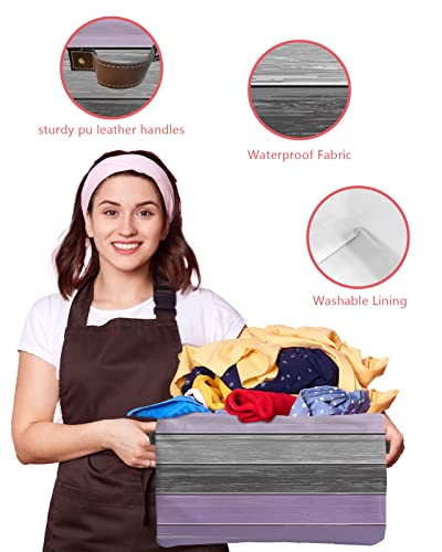Large Capacity Storage Bins 2Pcs Stripe Wood Grain Purple and Grey Storage Cubes, Collapsible Storage Baskets for Organizing for Bedroom Living Room Shelves Home 15x11x9.5 In