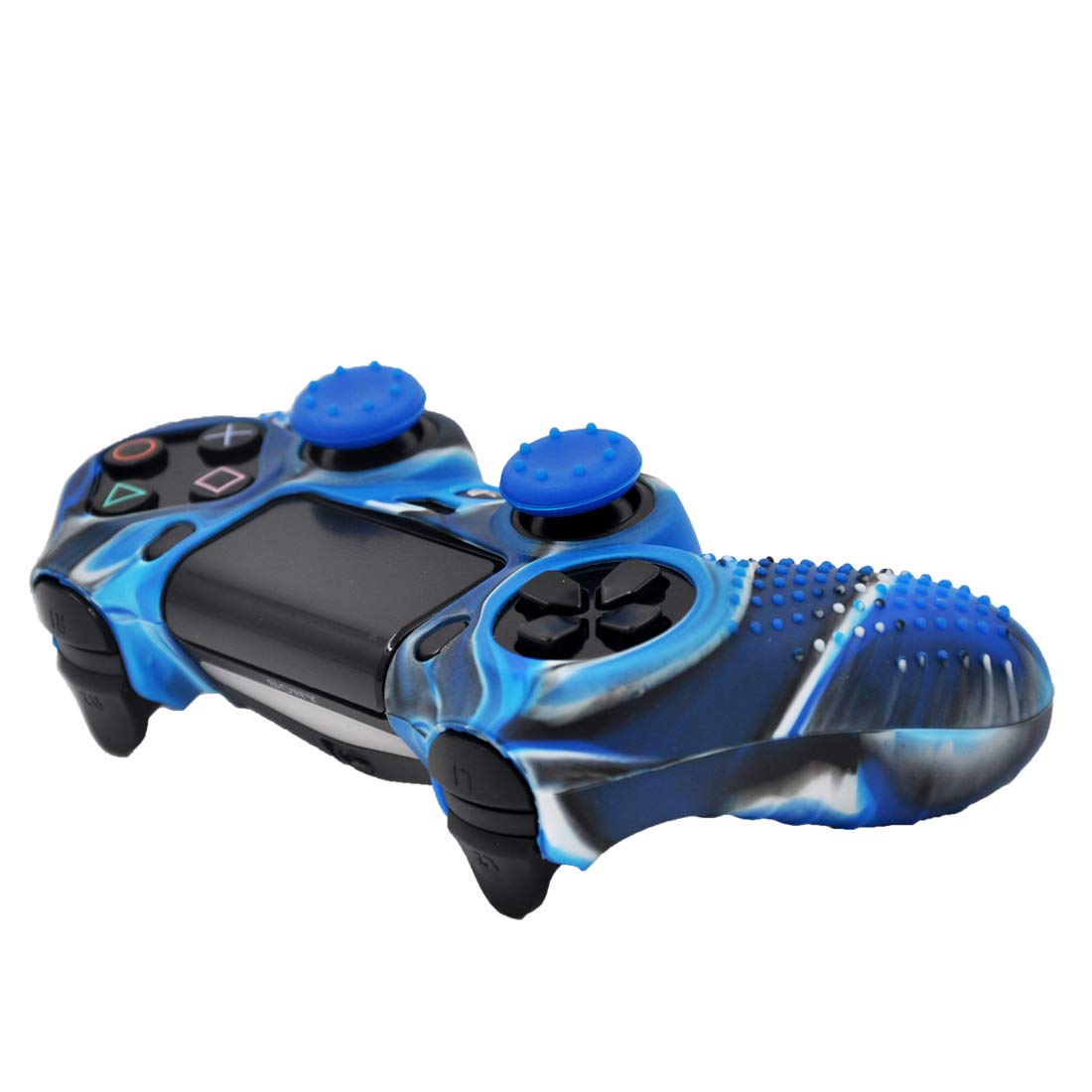 SKINOWN Silicone Case Anti-Slip Protective Grip Cover for PS4 Controller with 4 Thumb Grips(Blue Camo)