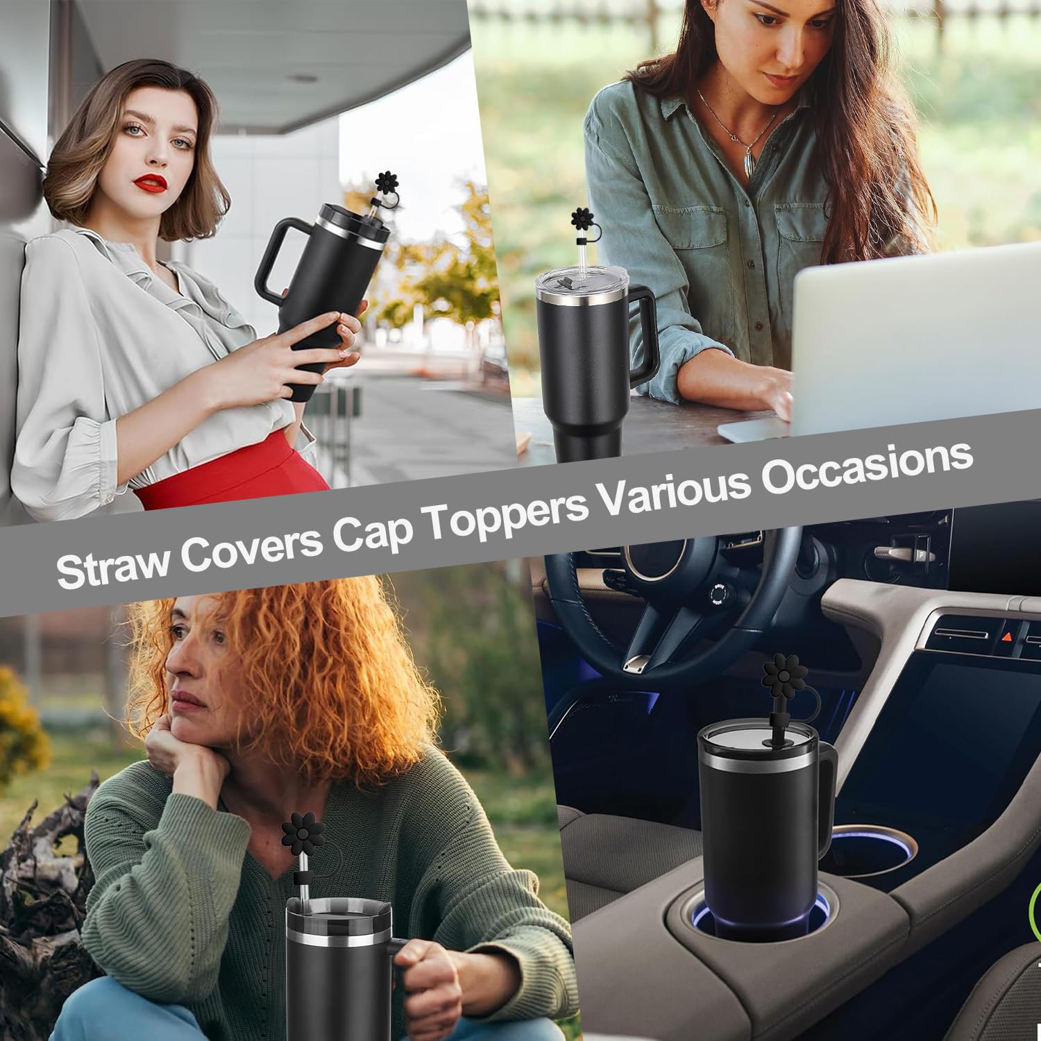 Ghislaine Straw Cover Cap for Stanley Cup, Stanley Cup Accessories Flower Straw Topper Silicone Dust-Proof Protector for 40/30/20 Oz Tumblers 10mm Straws (Black)