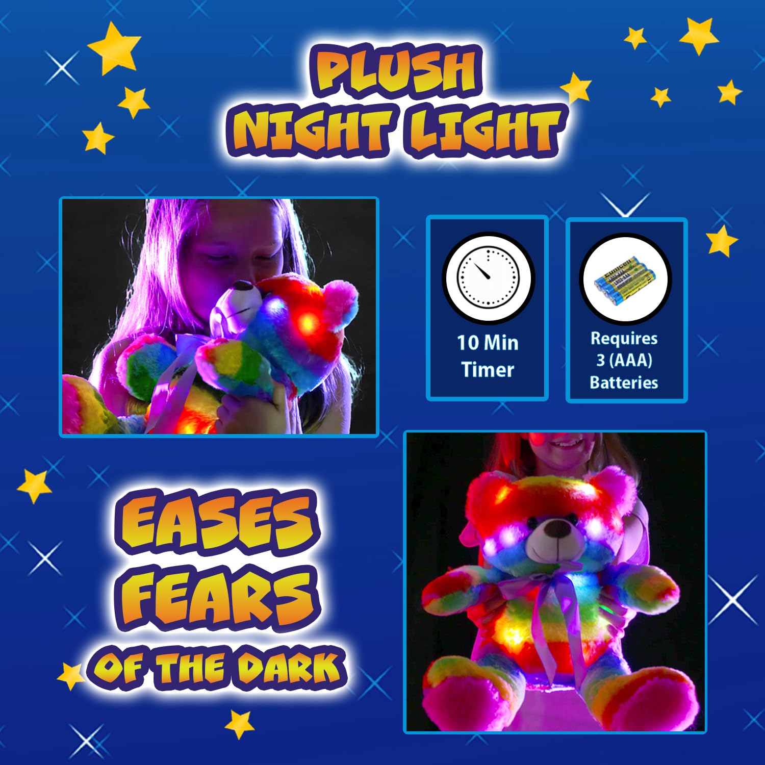 The Noodley Rainbow Lites Light Up Teddy Bear Stuffed Animal Plush LED Night Light Sleep Toy for Girls (16 inch, Batteries Included)