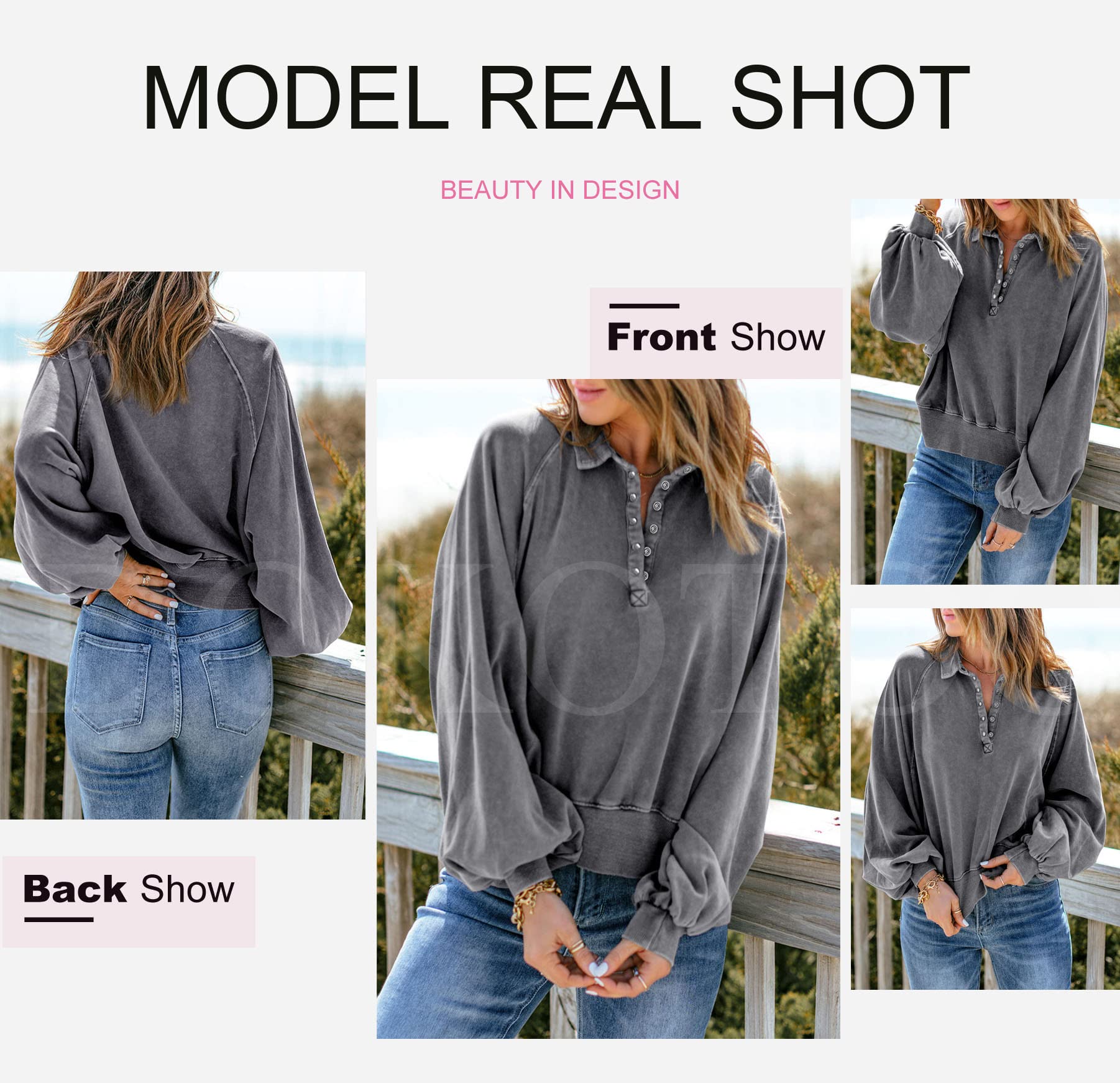 Dokotoo Womens Sweatshirts Winter 2023 Fall Tops Long Sleeve Lantern Sleeve Sweatshirts for Women Button Collar Crewneck Oversized Loose Fleece Pullovers Basic Casual Ladies Shirts Grey Medium