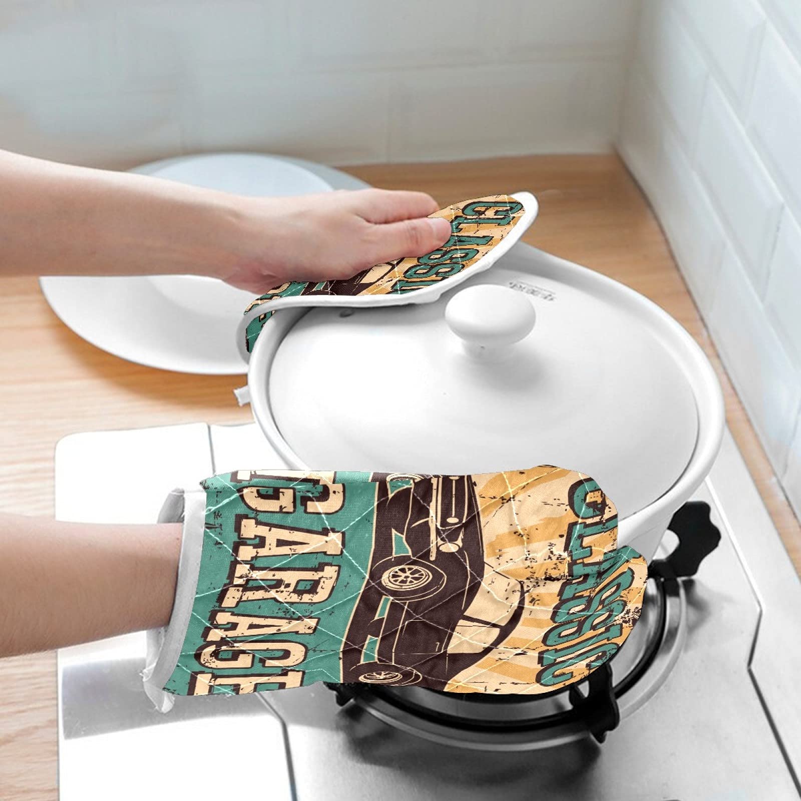 FCZ Oven Mitts and Pot Holders Kitchen Gloves Non Slip Oven Mitts and Hot Pads BBQ Gloves Oven Mitts and Hot Pads for Kitchen Cooking Baking Grilling Vintage Classic Race Car Green