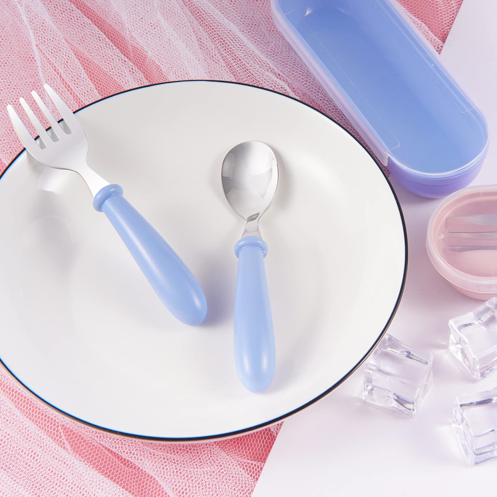Kirecoo 4 Pieces Toddler Utensils Stainless Steel Baby Forks and Spoons Silverware Set Kids Silverware Children's Flatware Kids Cutlery Set with Travel Carrying Cases for Lunch Box (Blue&Pink)