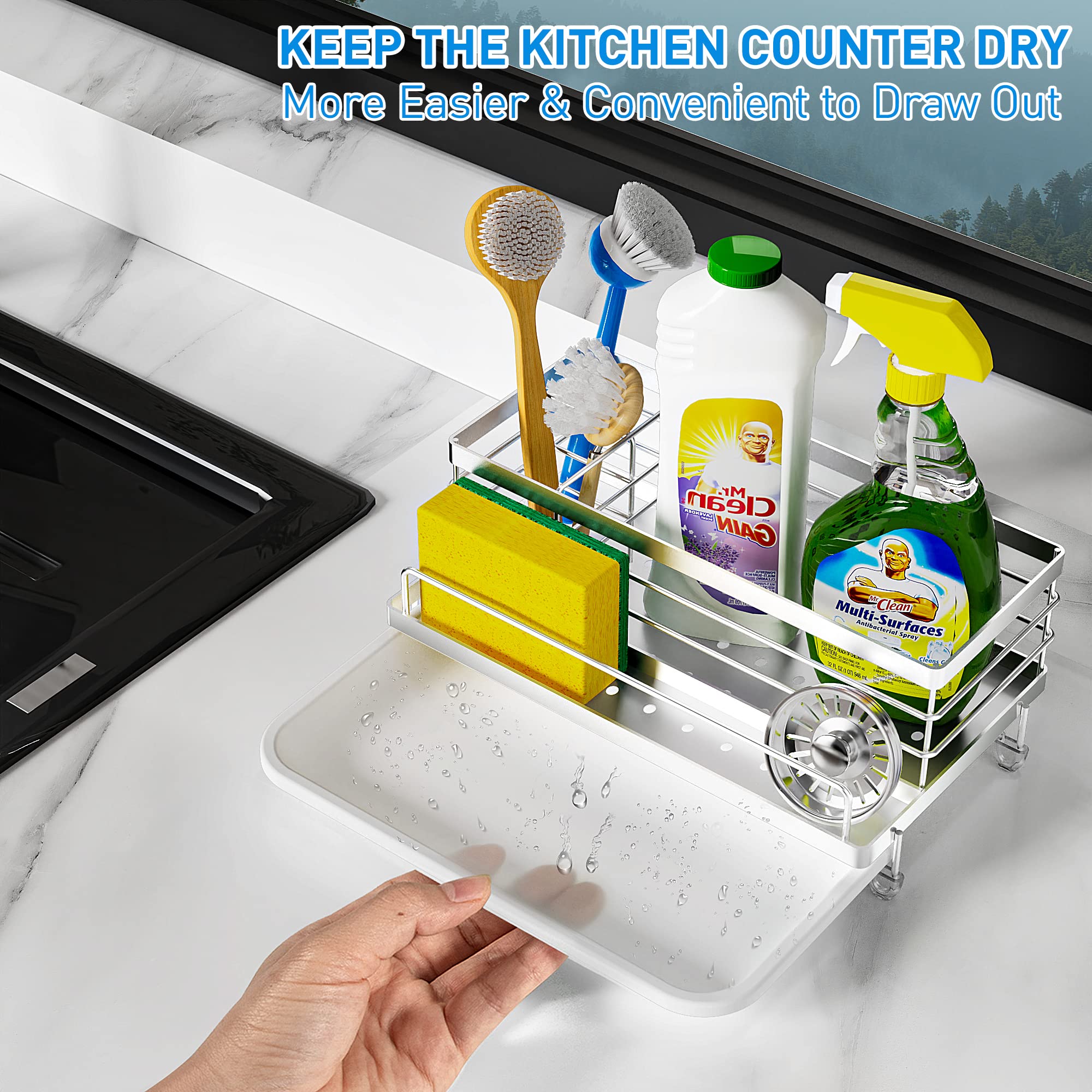 Cisily Sponge Holder, Caddy Organizer, Sink Accessories with Drip Tray, Rustproof and Non-slip, Kitchen Essentials for New Home