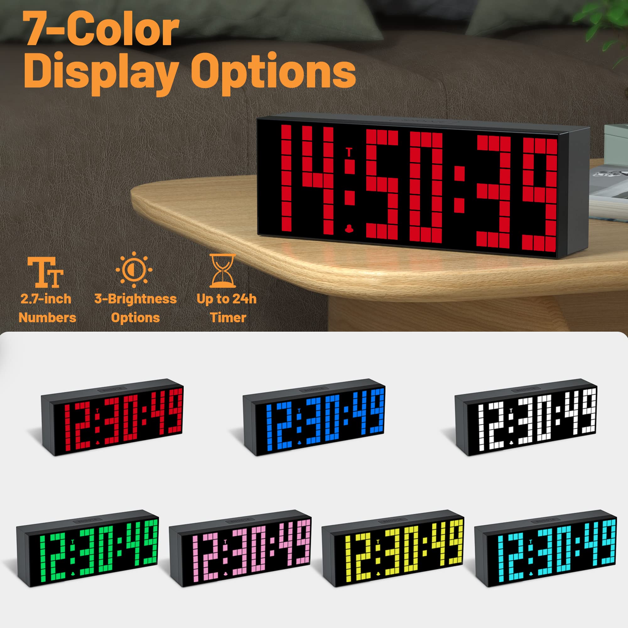 CHKOSDA Digital Alarm Clock, Led Clock with 2" Digital, 7 Color Options, Adjustable Brightness, Countdown Clock with Remote Control, Calendar and Temperature Display Desk Clock for Bedroom