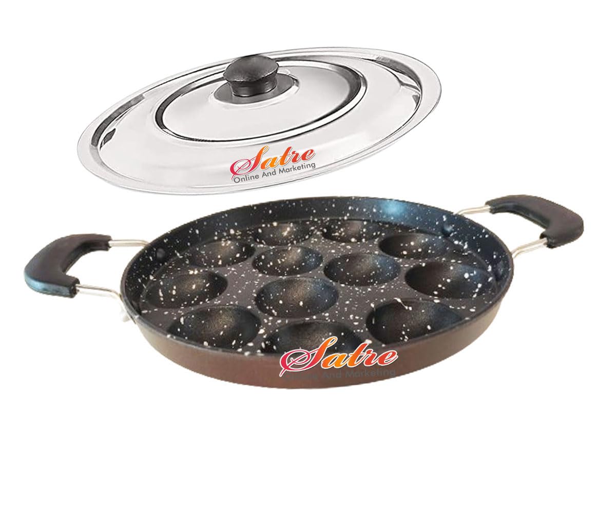 Satre Online And Marketing Non Stick Aluminium Appam Pan with Steel Lid, 12 Pits, Black & Silver