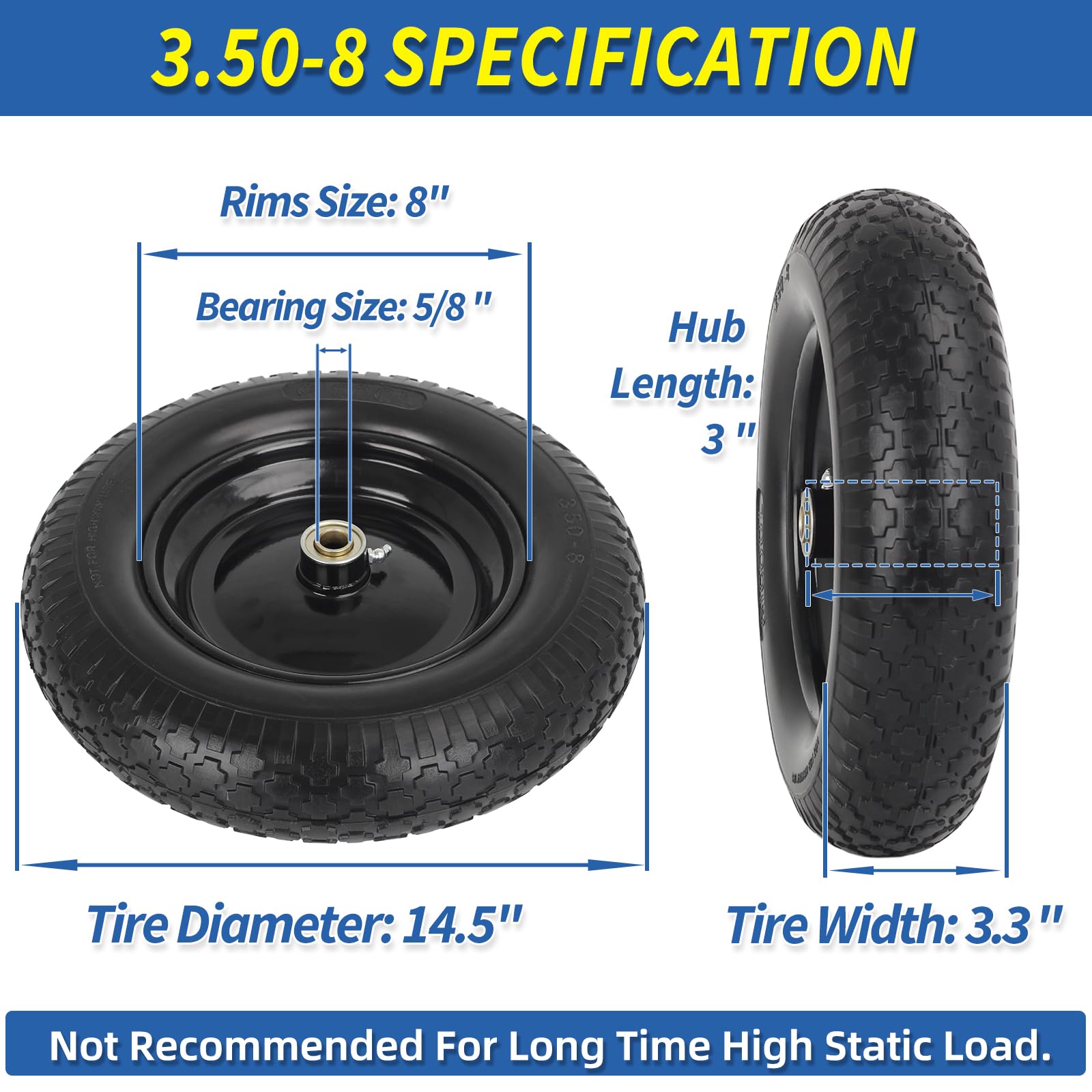 GICOOL 14.5" Wheelbarrow Tire, 3.50-8" Flat-free Solid Tire and Wheel with 5/8" Axle Bore Hole, 3-6" Centered Hub for Wheelbarrow Trolley Dolly Lawn Mover Go Kart Replacement