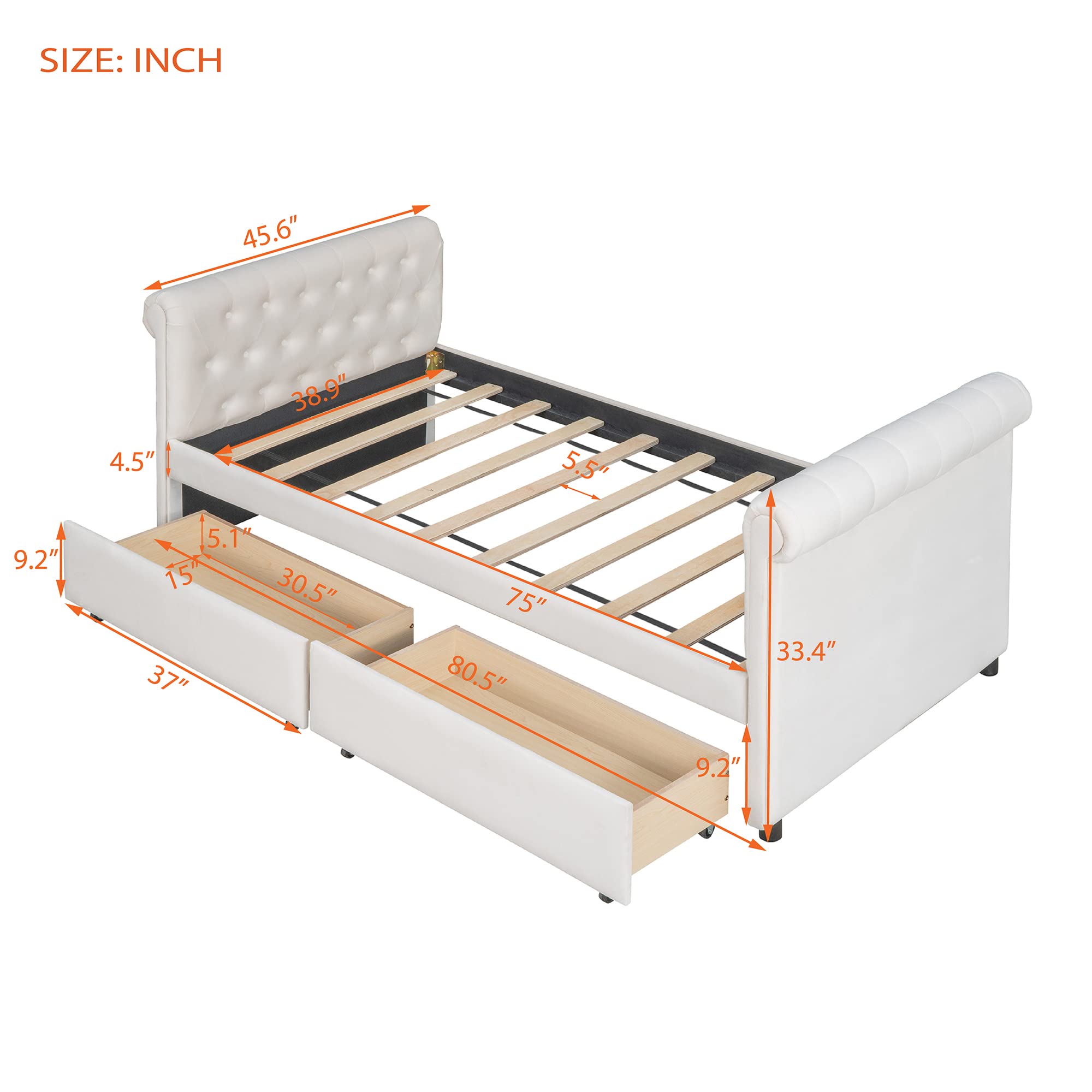 Jintop Twin Size Velvet Upholstered Daybed with Trundle and Two Armrests,Storage Wonden Bed Frame,W/Drawer,Wood Slat Support,for Apartment,Bedroom,Living Room,No Box Spring Needed,Beige