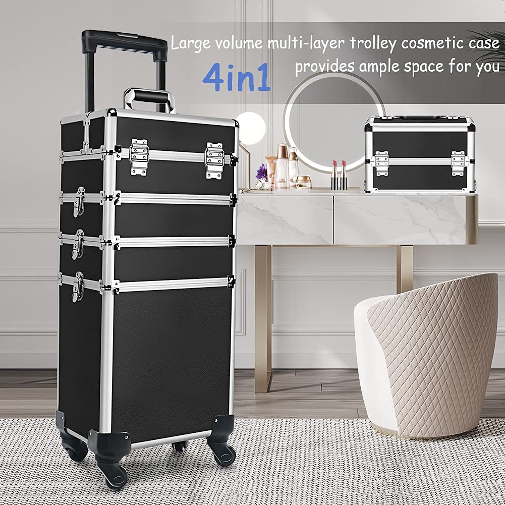 Cosmetic Rolling Makeup Train Case 4 in 1, Make Up Box Travelling Professional, Cosmetology Case on Wheels Pink Black Silver for Cosmetic, Hairstylist, Nail Technician, Tattoo