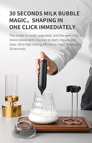 Rechargeable Milk Frother Handheld with Stand and Stencils - Usb Stainless Steel Stand or Wall Hanging for Kitchen Coffee Bar Electric Whisk Hand Blender Mixer for Latte Cappuccino Egg Protein Powder