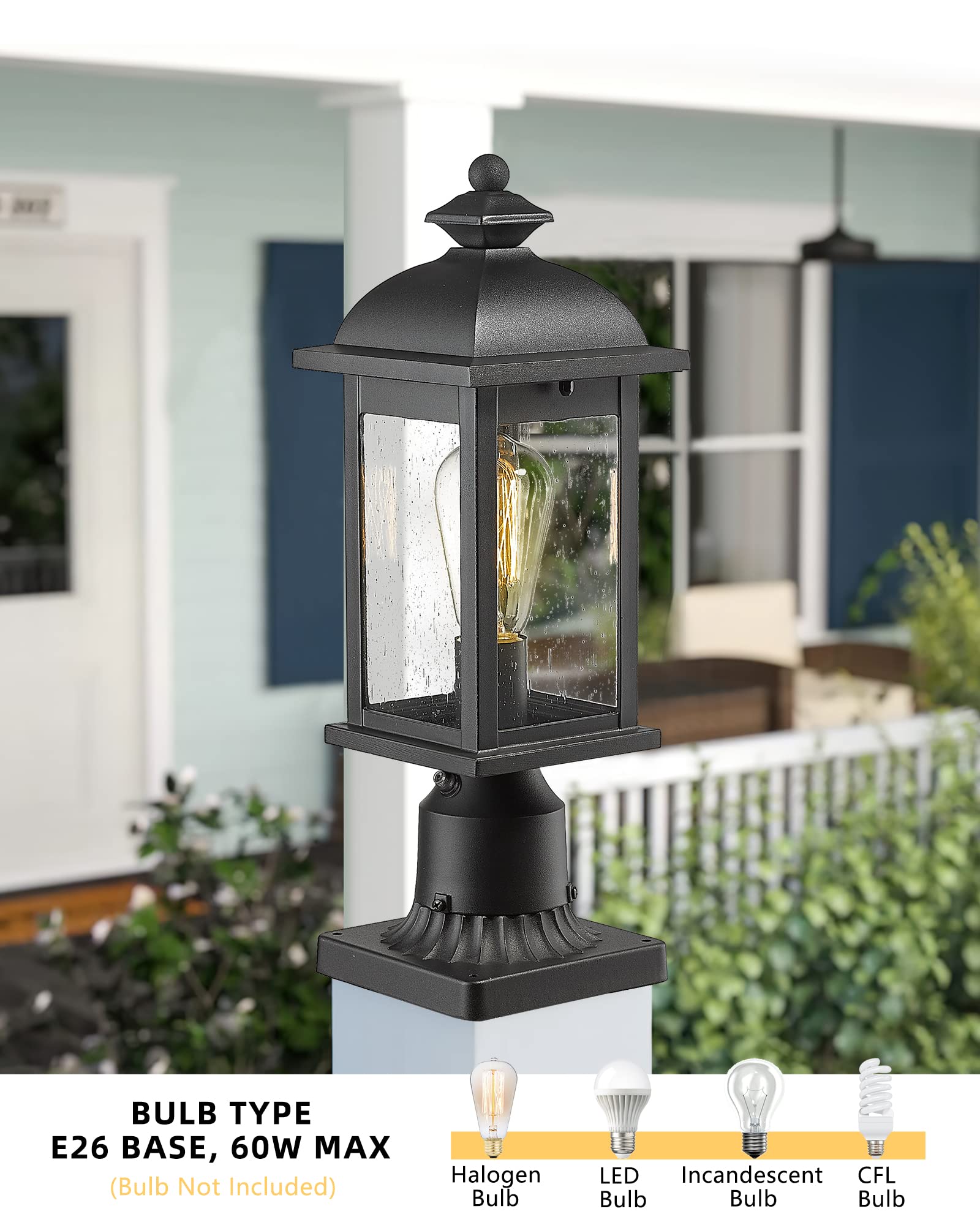 FEMILA Dusk to Dawn Outdoor Post Light, Waterproof Pole Lantern Light Fixture, Exterior Lamp Posts Outdoor Lighting for Garden Patio Yard Pathway Driveway, Clear Glass Panel, 4FD54P-PC BK