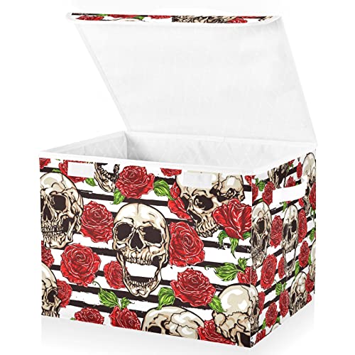 innewgogo Skulls Red Roses Storage Bins with Lids for Organizing Closet Organizers with Handles Oxford Cloth Storage Cube Box for Dog Toys