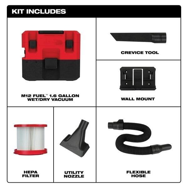JIOTV for Milwaukee Tool 0960-20 M12 Fuel 1.6 Gallon Wet/Dry Vacuum (Tool Only), Red