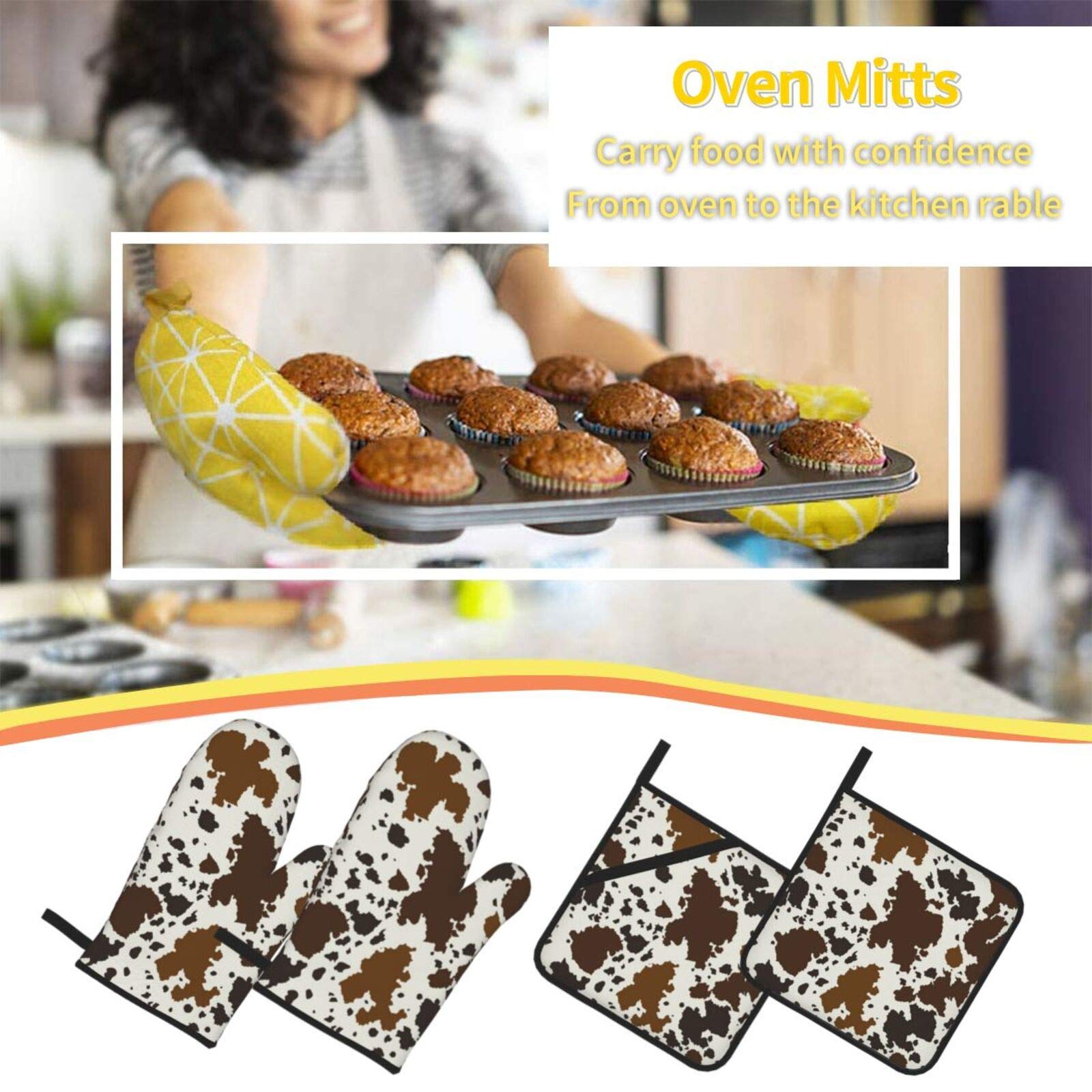 Feartdiy Oven Mitts and Pot Holders Sets of 4,Cow Leather Brown Print Heat Resistant Kitchen Cooking Oven Gloves and Potholders for BBQ Baking Grillin, One Size