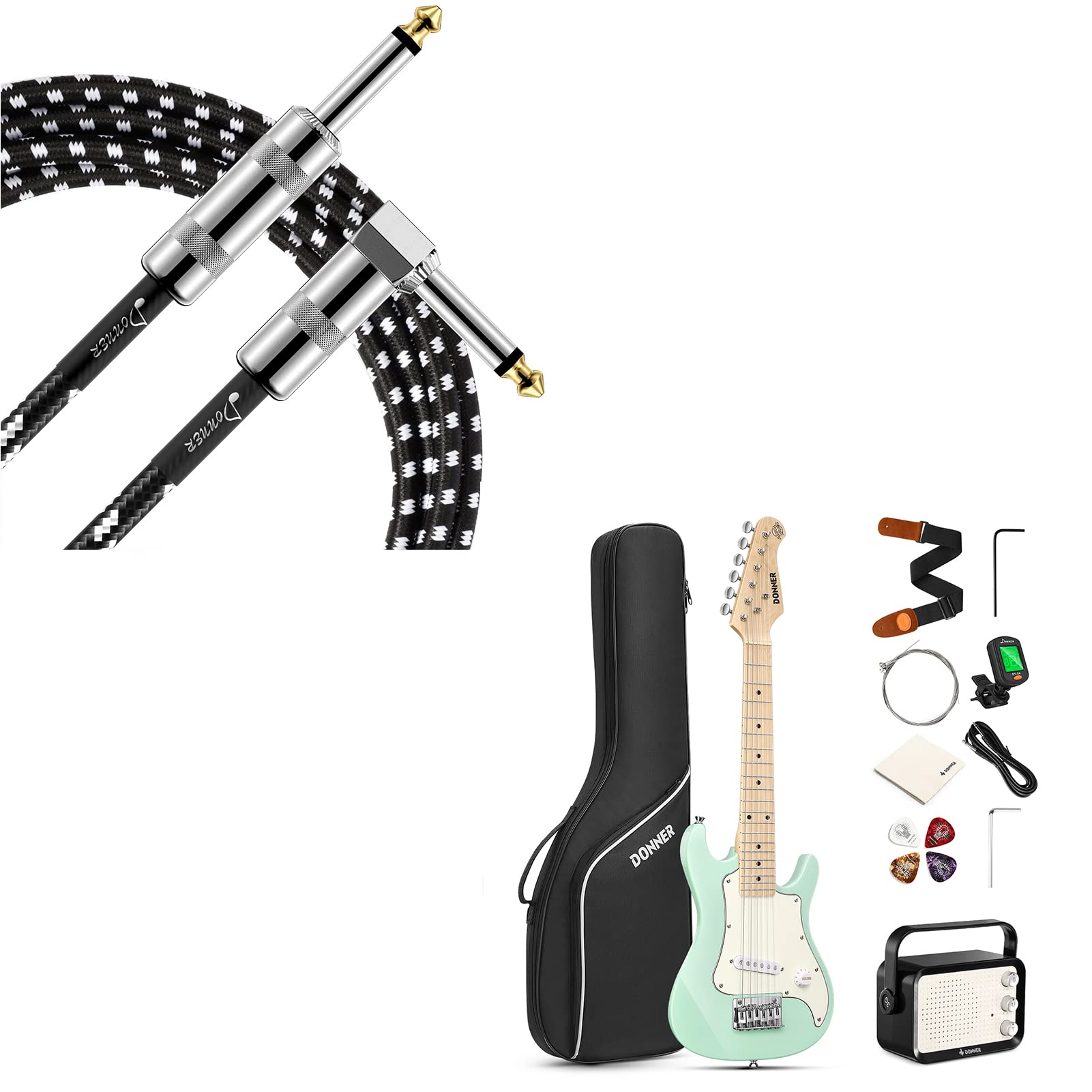 Donner 30 Inch Junior Electric Guitar Beginner Kit ST Style Mini Size ST Electric Guitar Junior Starter & Donner Guitar Cable 10 ft, Electric Instrument Cable Bass Amp Cord for Electric Guitar Bass