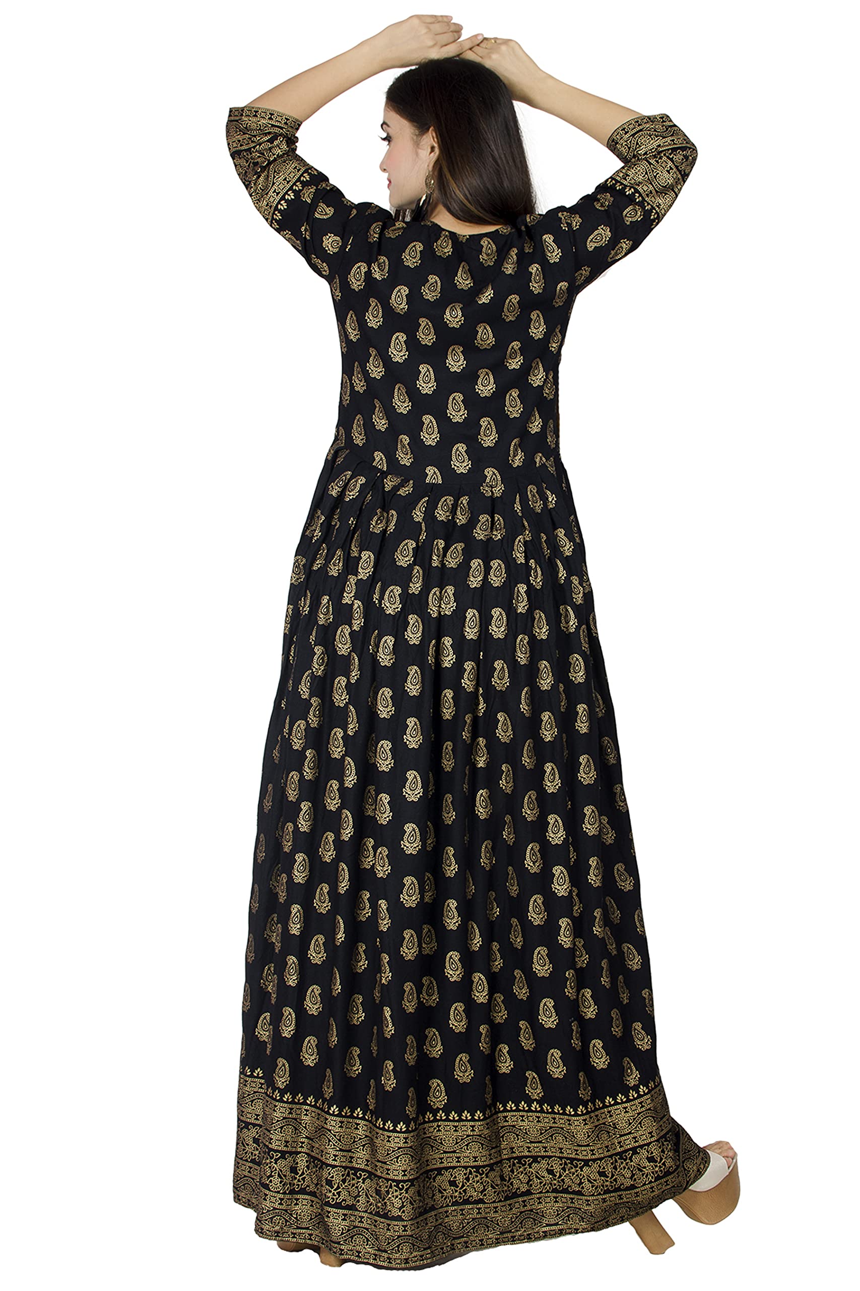 Chandrakala Gold Foil Printed Long Kurti for Women Rayon Indian Anarkali Ethnic Tunic Top Kurta Kurti Dress,Large (K199BLA3)