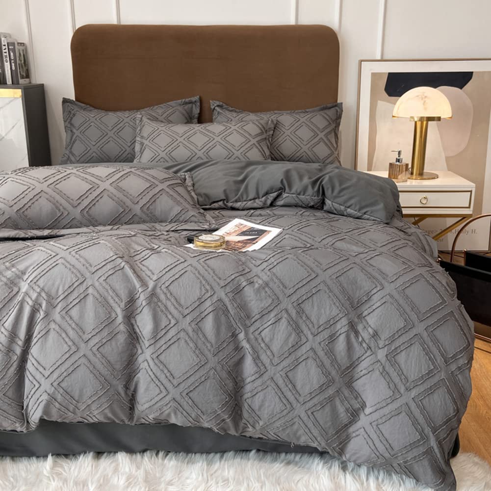 MorroMorn 5 PCS Boho Bedding Sets, Textured Duvet Cover Set, Tufted Comforter Covers, Diamond Jacquard Soft Breathable Neutral for Men Women Bed All Seasons (Grey, King/California King)