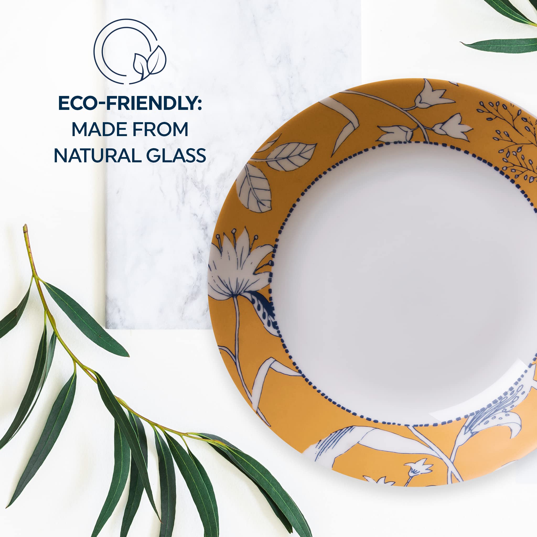 Corelle MilkGlass 4-Piece (23 Oz) 8.5" Pasta Bowl Plate Set, Higher Rimmed Glass Dinnerware For Pasta Salad Meal, Azure Medallion, 1 Count (Pack of 4)
