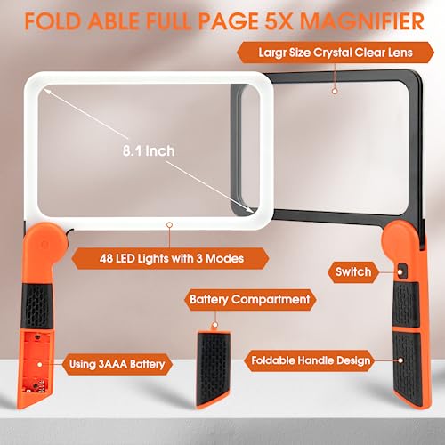 Large Magnifying Glass with Light, Full Page 5X Magnifier 48LED Cold & Warm Light with 3 Modes, Folding Handheld Illuminated Lighted Magnifier for Seniors Low Vision Reading Inspection (Full Page)