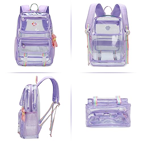 Maod Clear Backpack Heavy Duty Stadium Approved PVC Transparent Large School Book Bag with Free Sticker and A Pendant (Purple)