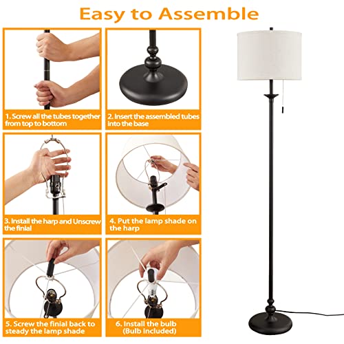 Luvkczc Modern Floor Lamp, 60" Standing Lamp for Living Room with Fabric Lamp Shade, Corner Tall Reading Lamp for Bedroom, Office, Dining Room, Farmhouse (Bulb Included) (Black)