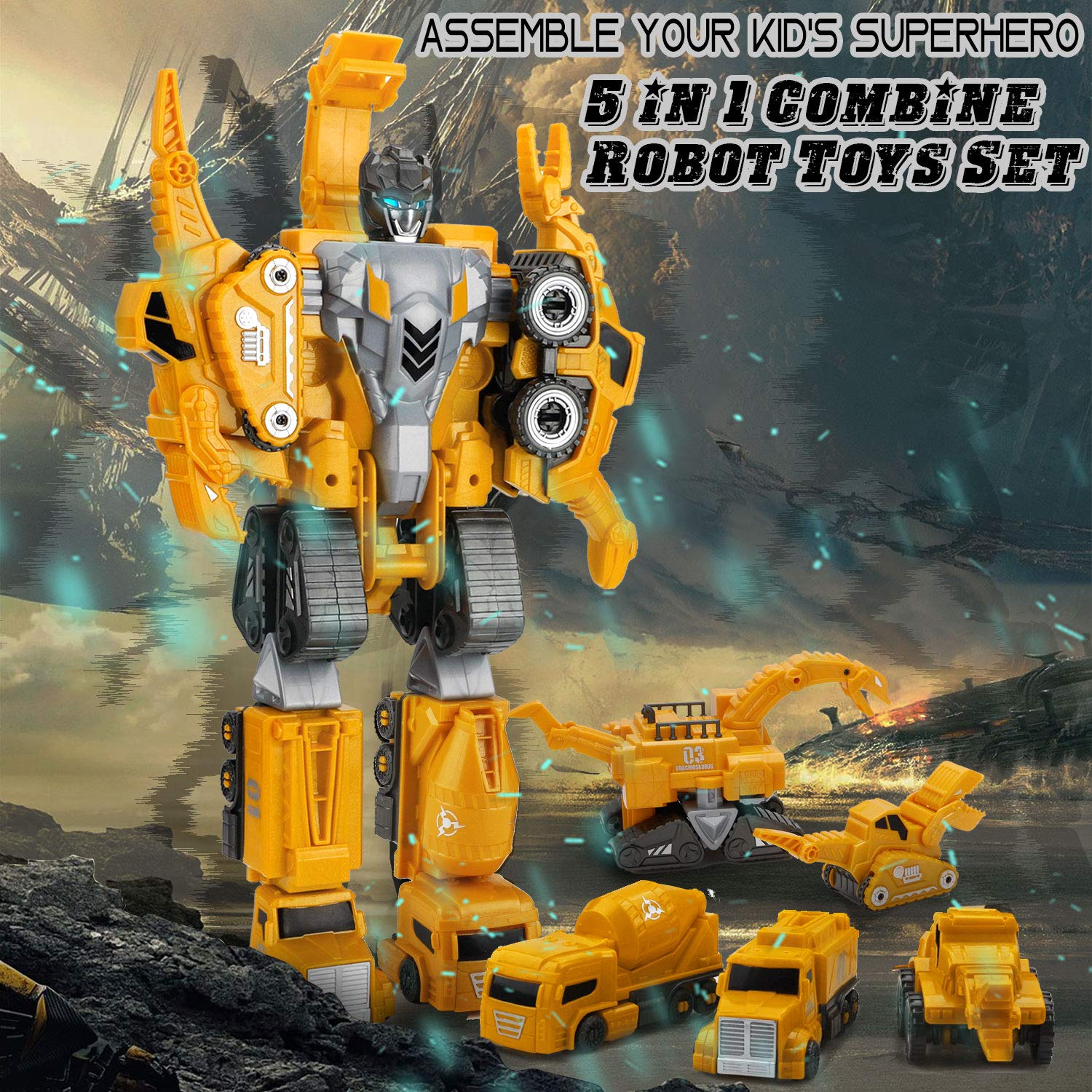 SLENPET 5 in 1 Dinosaur Transforming Robot Toys Set, Magnetic Assemble into Emulation 14.5 inches Large Robot Figures, 5 Construction Trucks & Dinosaurs for Boys, Kids Ages 3 and Up