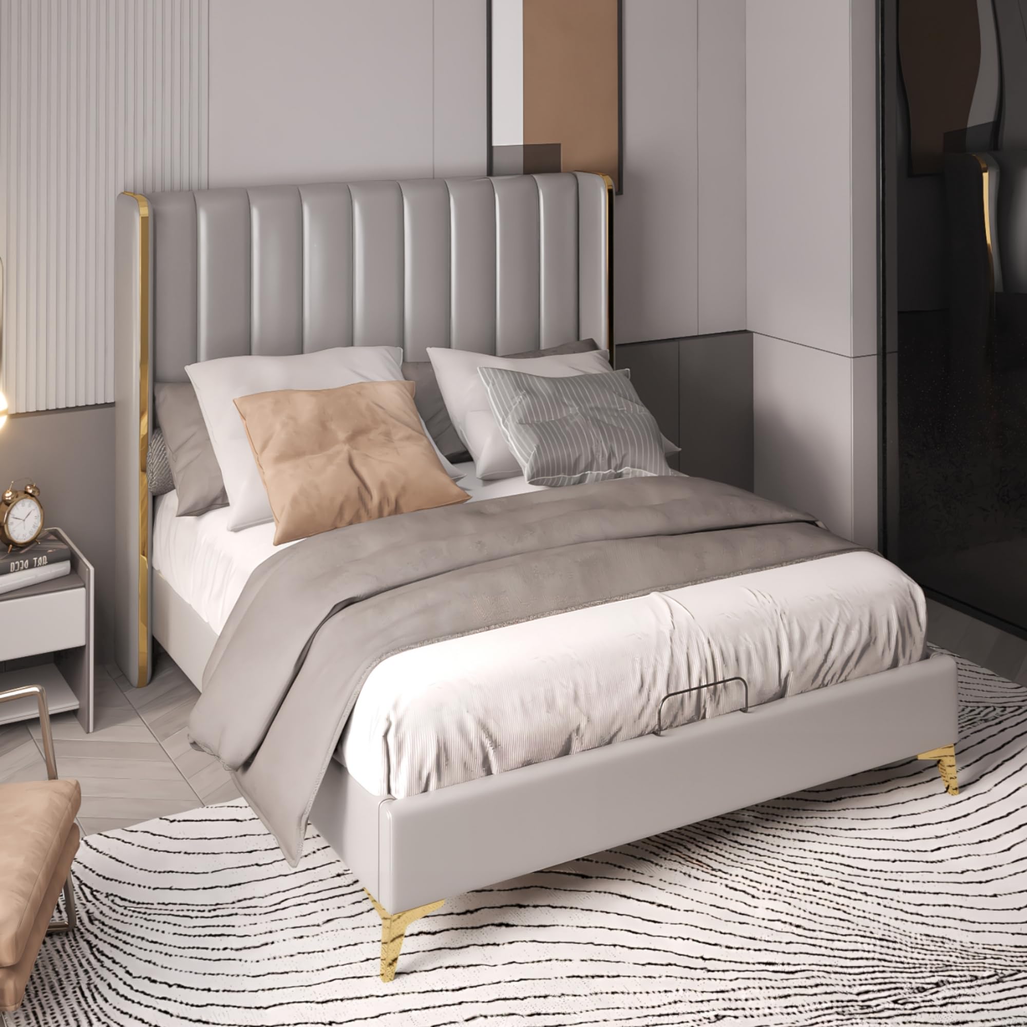 Channel Tufted Upholstered Platform Bed with Thickening Pinewooden Slats and Metal Leg, Queen Size Bed Frame with 56" Tall Headboard, Light Grey