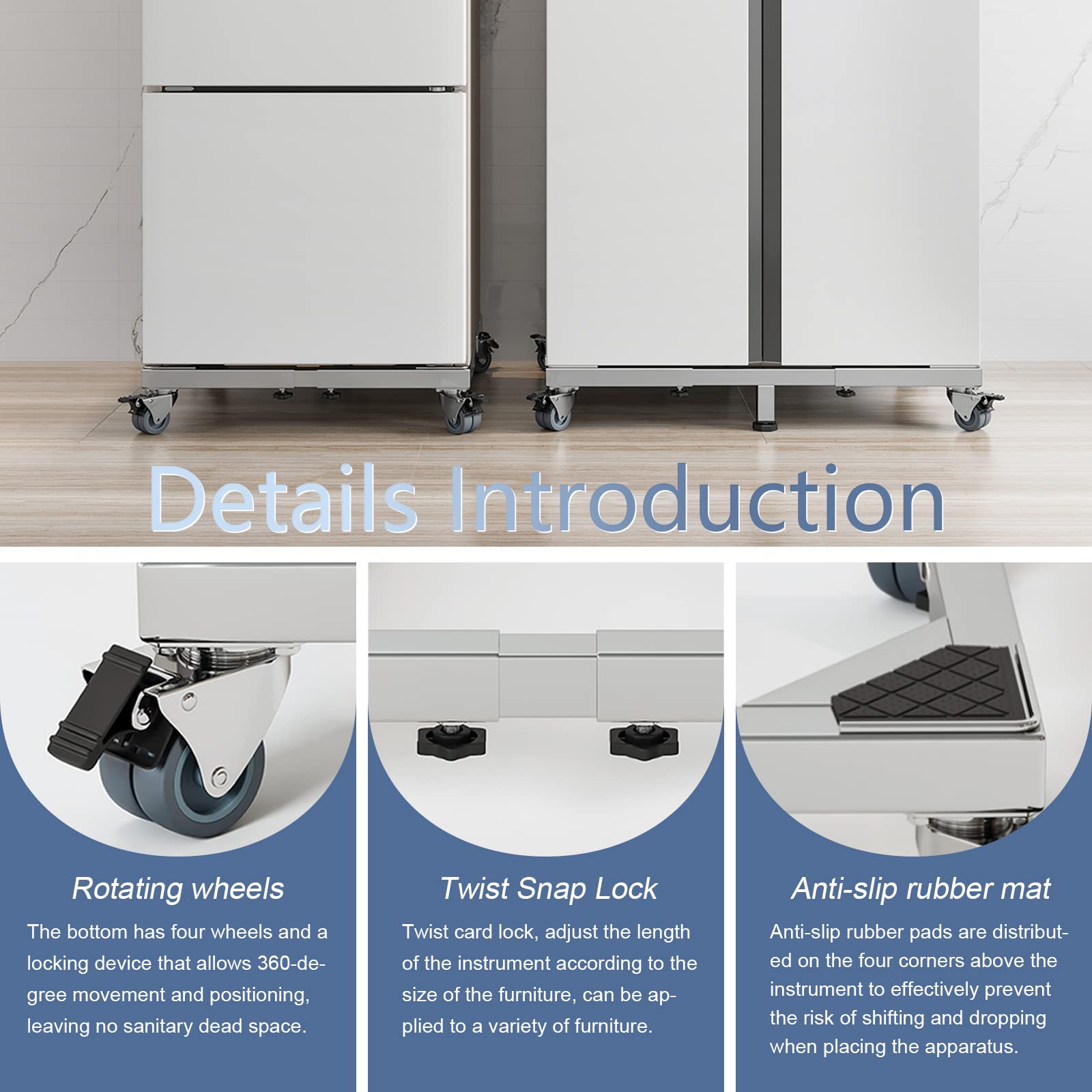 Chinchilla Heavy Duty All Stainless Steel Mobile Fridge Stand Base, Washing Machine Stand with Wheels, Adjustable Furniture Dolly for Washer, Refrigerator and Dryer(Large