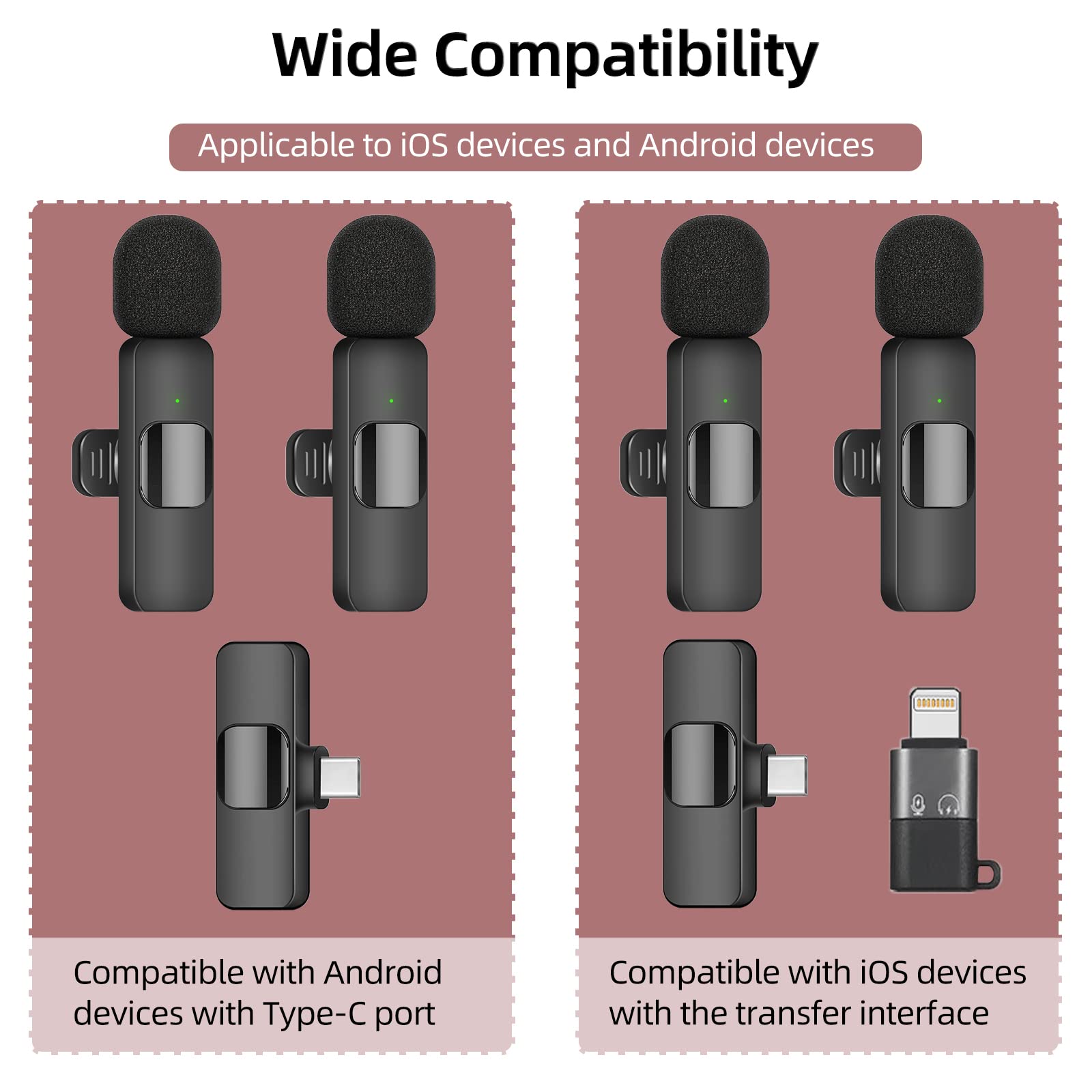 DORAXXD 2 Pack Professional Wireless Lavalier Lapel Microphone for iOS, Android - Omnidirectional Recording Mini Clip-on Mic with Built-in Noise Reduction for Video Interview, Podcast, Vlog, YouTube