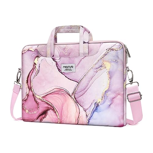 MOSISO Laptop Shoulder Bag Compatible with MacBook Air 15 inch 2023 M2 A2941/Pro 16 2023-2019 M2 A2780 M1 A2485 A2141,15-15.6 inch Notebook,Polyester Briefcase Sleeve with Belt Marble MO-MBH216