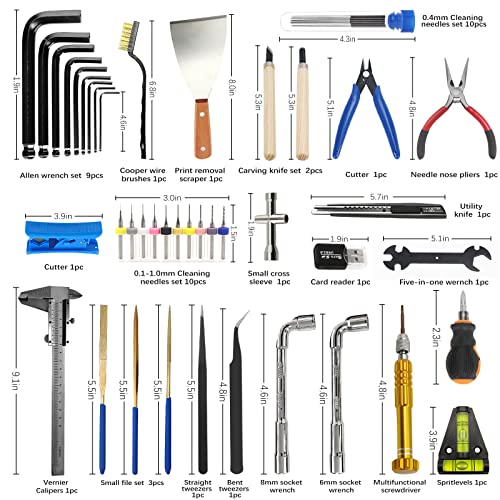 INF3DCOORD 55 Pcs 3D Print Tool Kit Box 2.0 with Cutting Tool, Cleaning Needles, Utility Knife,Screwdriver,Carving Knife,Tweezers,Flat File,Allen Wrench,Shovel,Metal Caliper, Model Tools