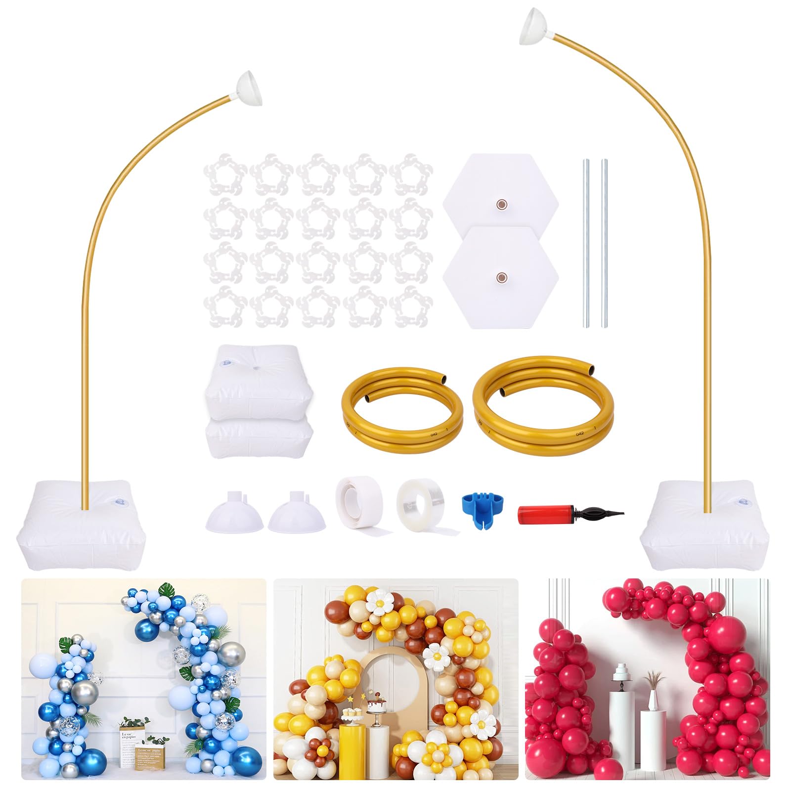 JINSENHUI 8FT & 5FT Gold Balloon Stand Kit, Free Bending Balloon Arch Column, Half Arch Balloon Stand with Base for Wedding, Birthday, Baby Shower, Graduation, and More